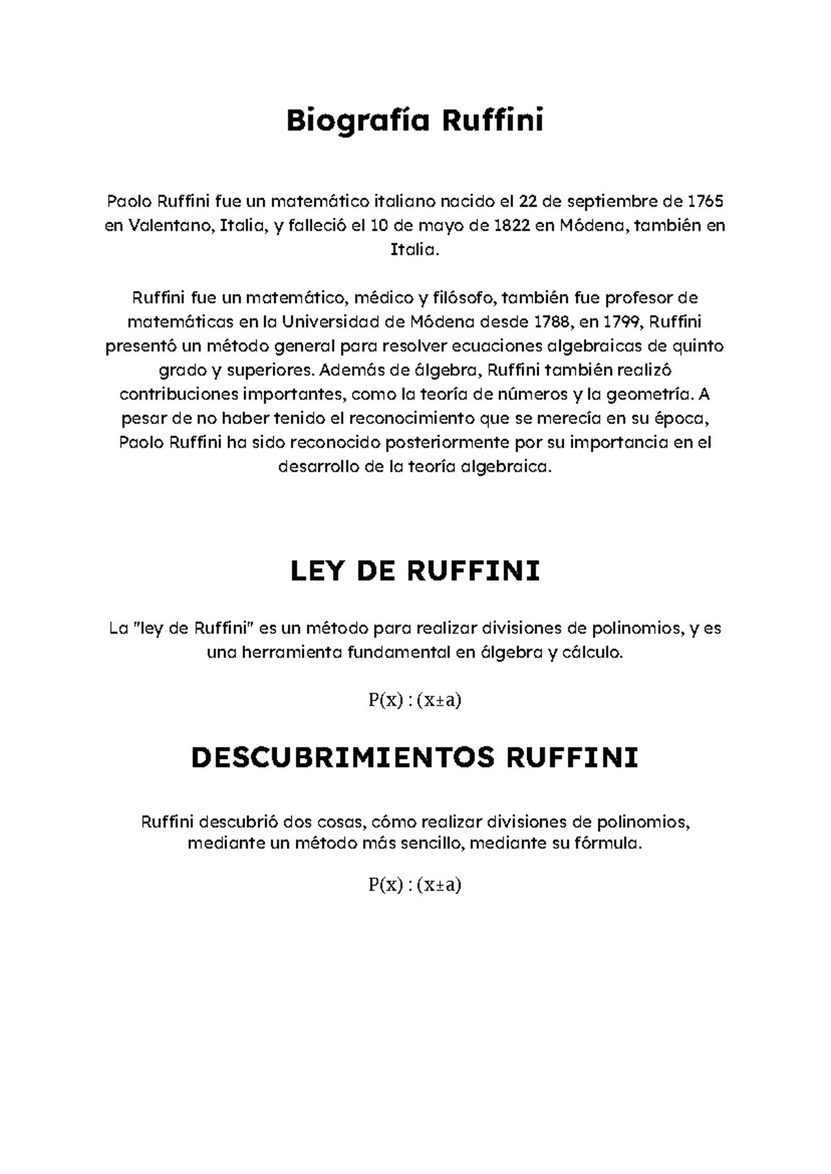 Ruffini Mates - Biografía Runi Paolo Runi fue un matemático italiano ...