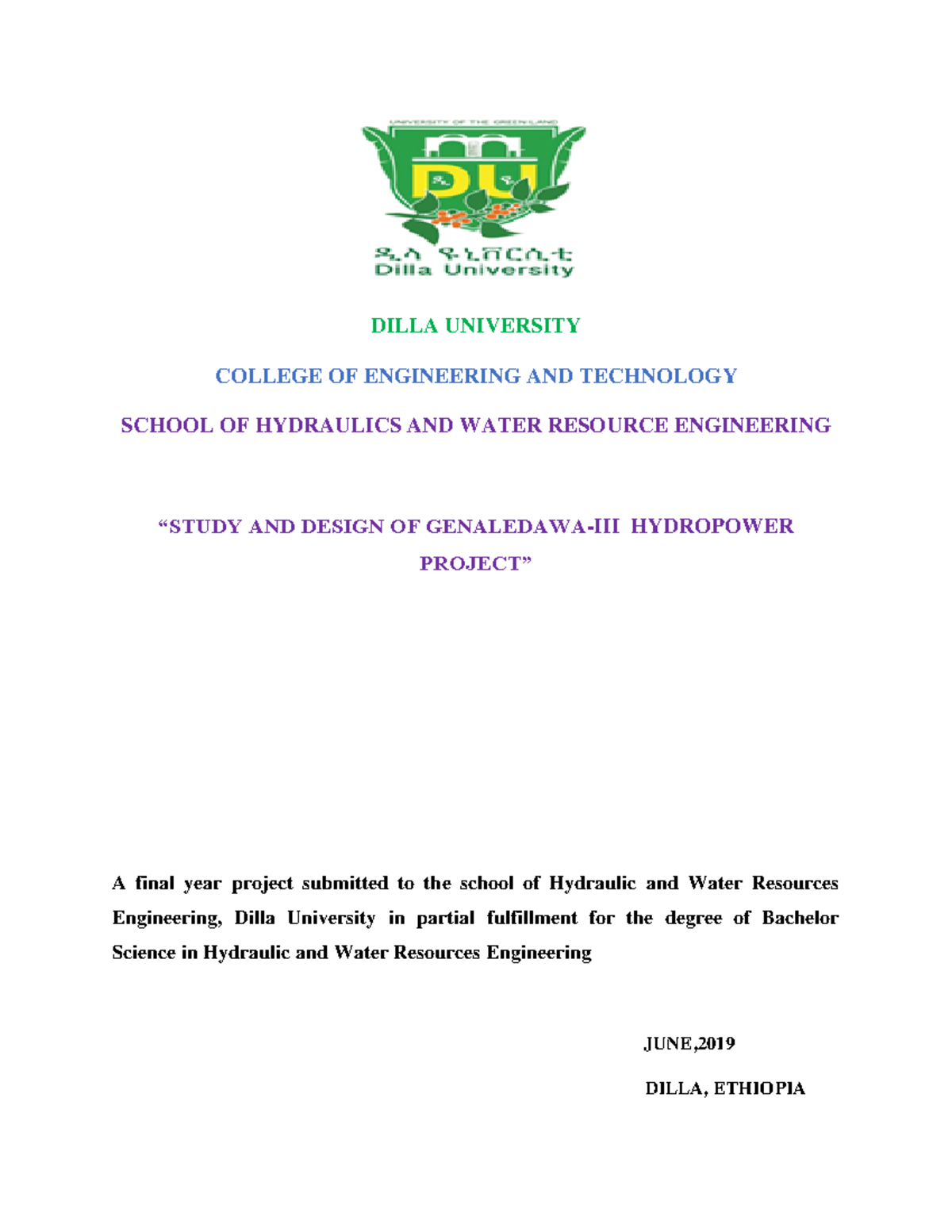 Preliminary - DILLA UNIVERSITY COLLEGE OF ENGINEERING AND TECHNOLOGY SCHOOL OF HYDRAULICS AND ...