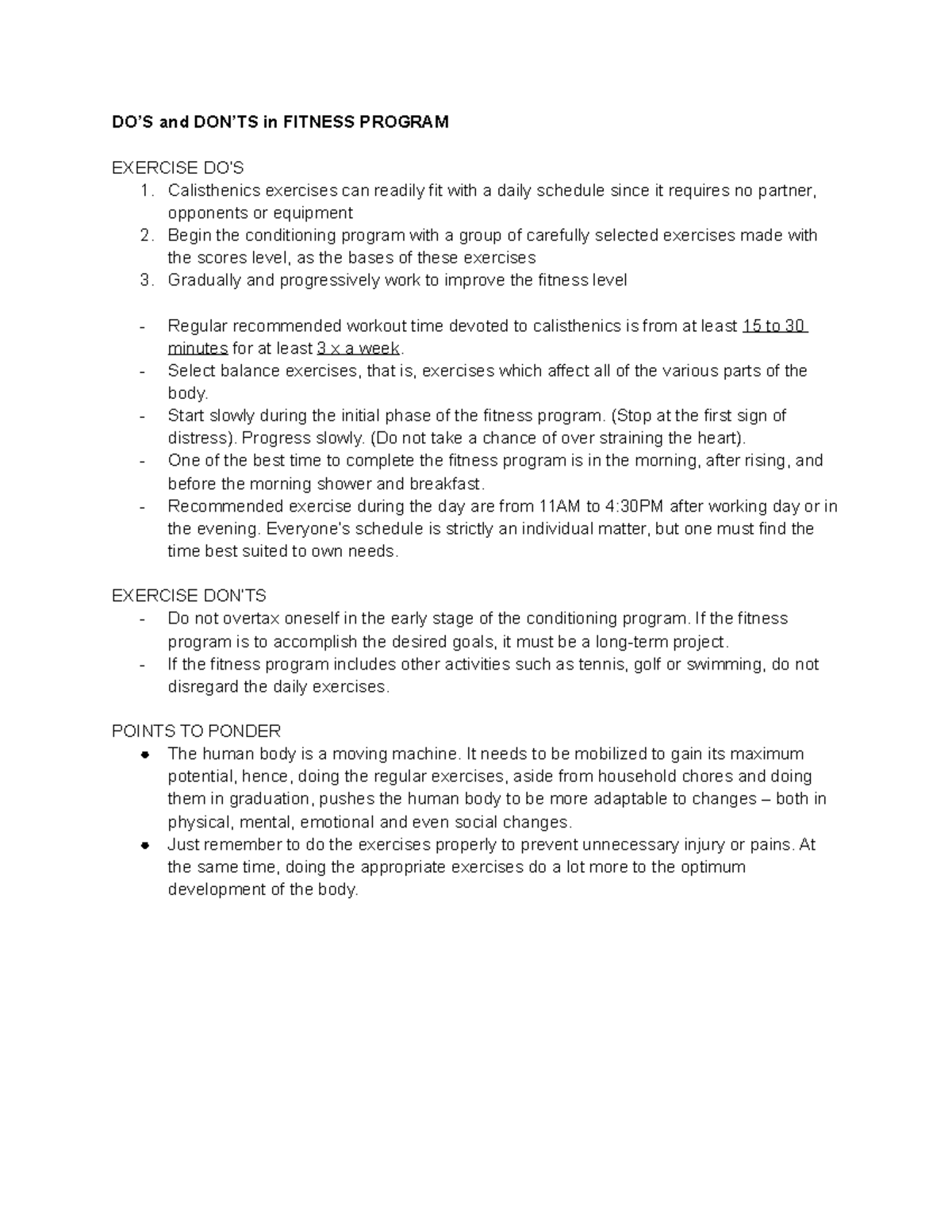 Do's and Don'ts in Fitness Program Notes - DO’S and DON’TS in FITNESS ...