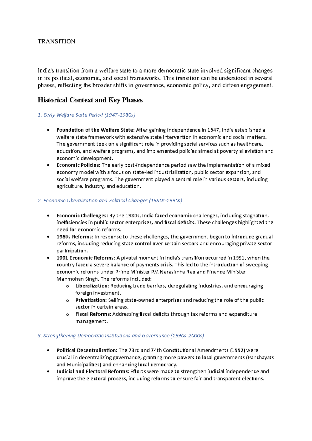 Transition - notes - TRANSITION India's transition from a welfare state ...