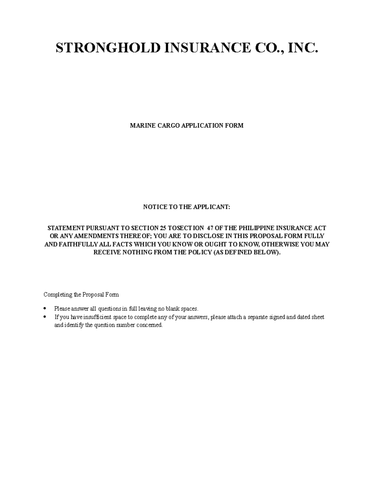 Marine Cargo Insurance Proposal Form SICI - STRONGHOLD INSURANCE CO ...