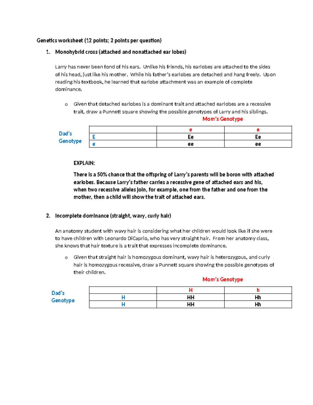 Genetics worksheet week 7 - Genetics worksheet (12 points; 2 points per ...