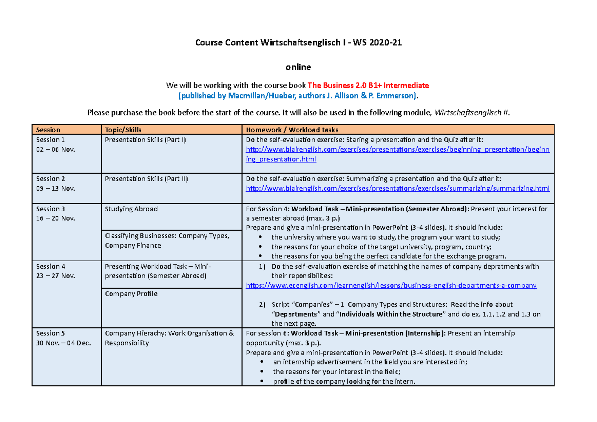 WE I Course Content WS 20-21 O - Course Content Wirtschaftsenglisch I ...