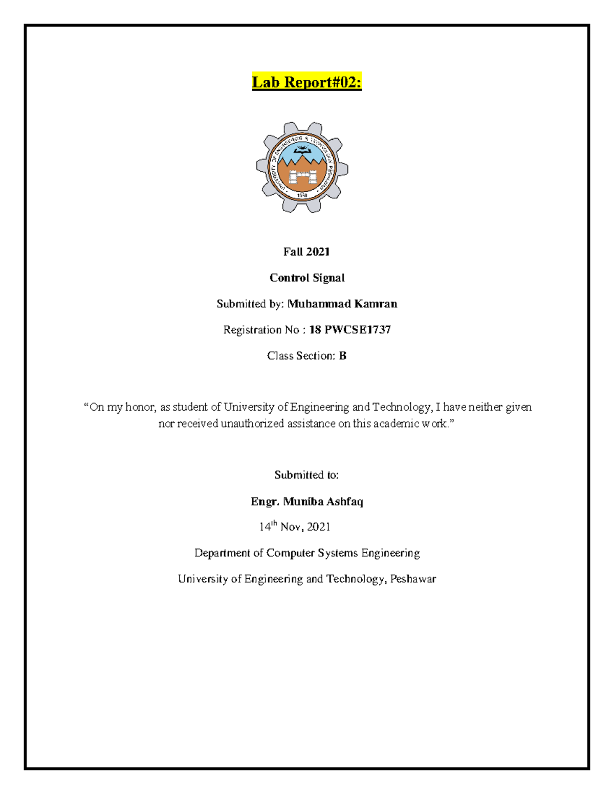 Lab report #02(18pwcse 1737) - Lab Report#02: Fall 2021 Control Signal ...