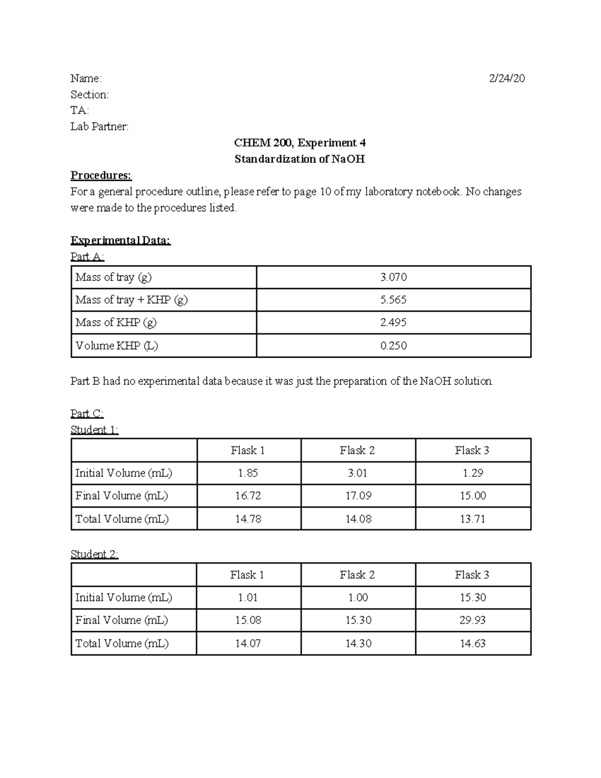 Chem 200 Lab Report 4 - Name: 2/24/ Section: TA: Lab Partner: CHEM 200 ...