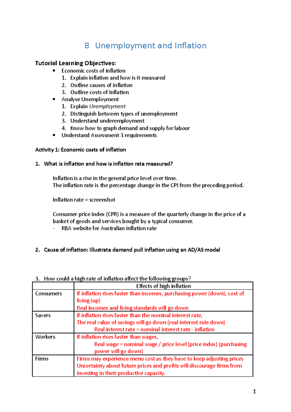 Tutorial 8 economics - 8 Unemployment and Inflation Tutorial Learning ...
