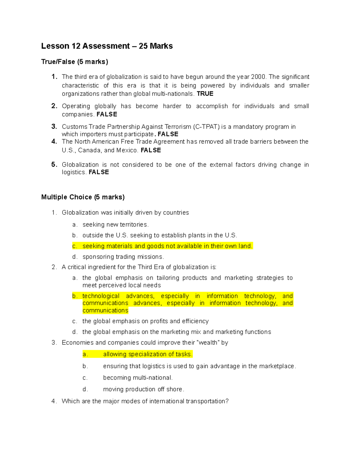 Lesson 12 Assessment - class questions - Lesson 12 Assessment – 25 ...