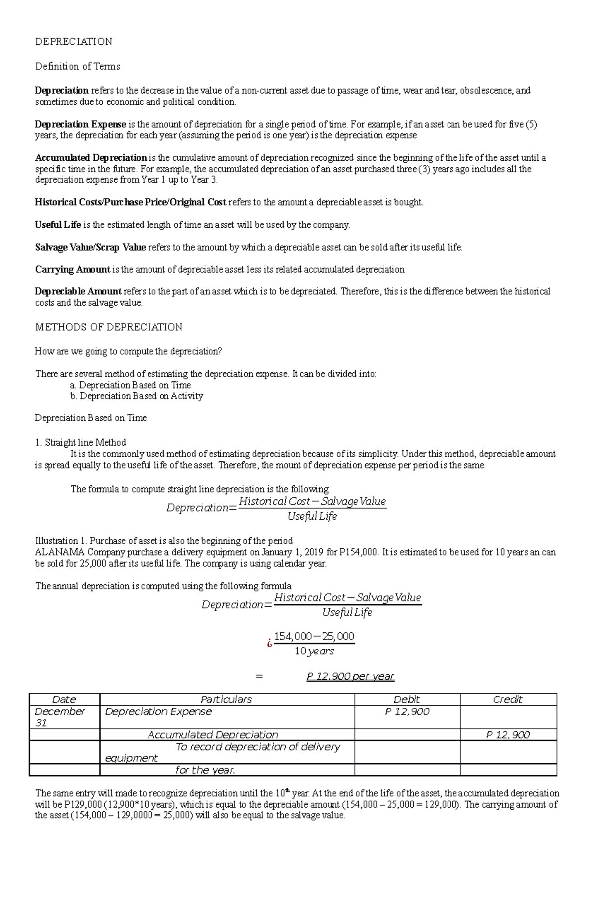 Basic Accounting - Handout - Depreciation - DEPRECIATION Definition of ...