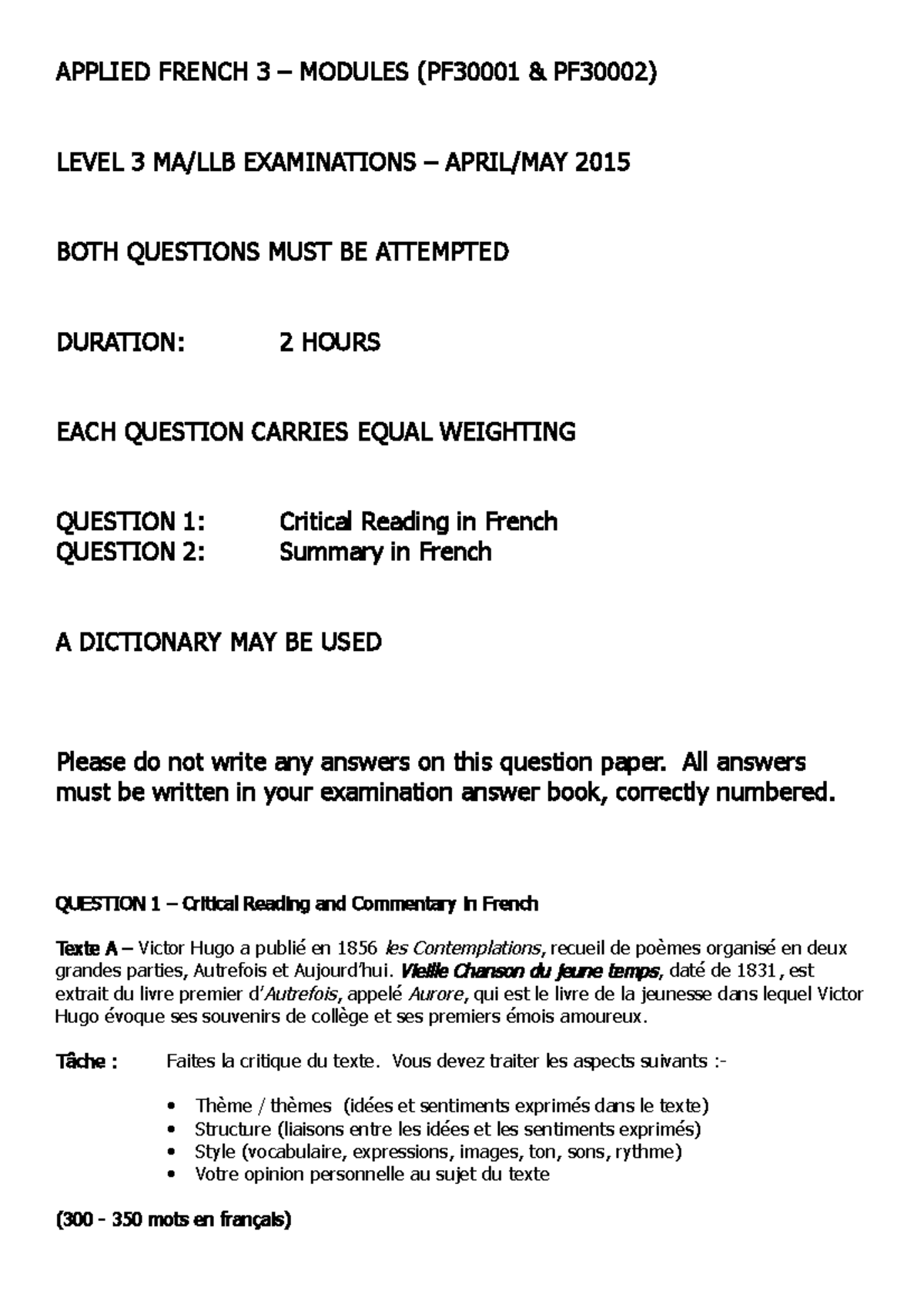 Exam May 2015, questions - APPLIED FRENCH 3 – MODULES (PF30001 ...