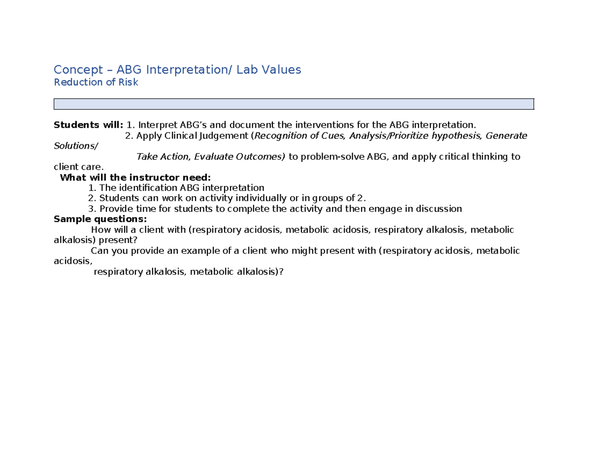ABG - abg practice sheet - Concept – ABG Interpretation/ Lab Values ...