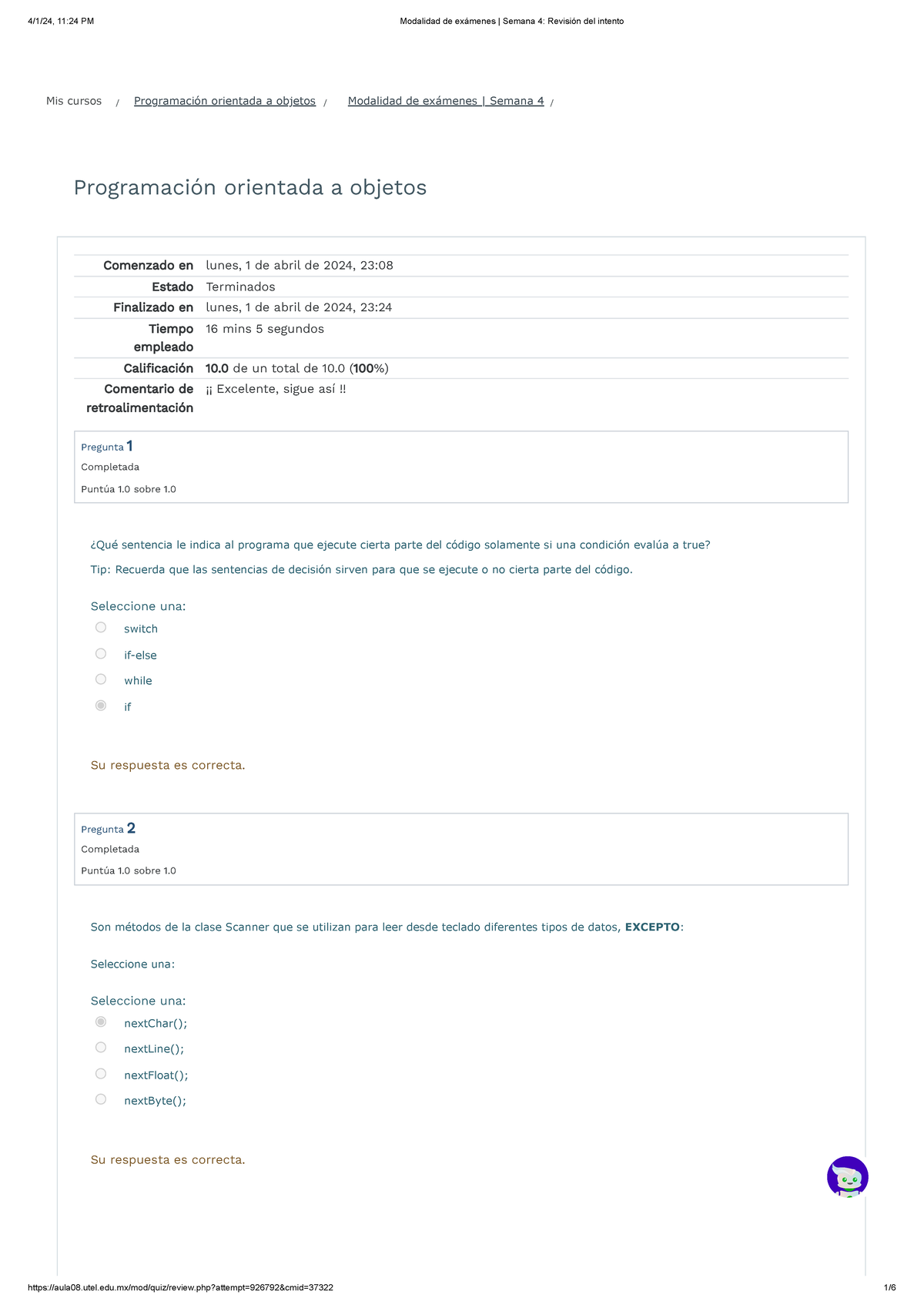Modalidad de exámenes Semana 4 prog - Programación orientada a objetos Comenzado en lunes, 1 de ...