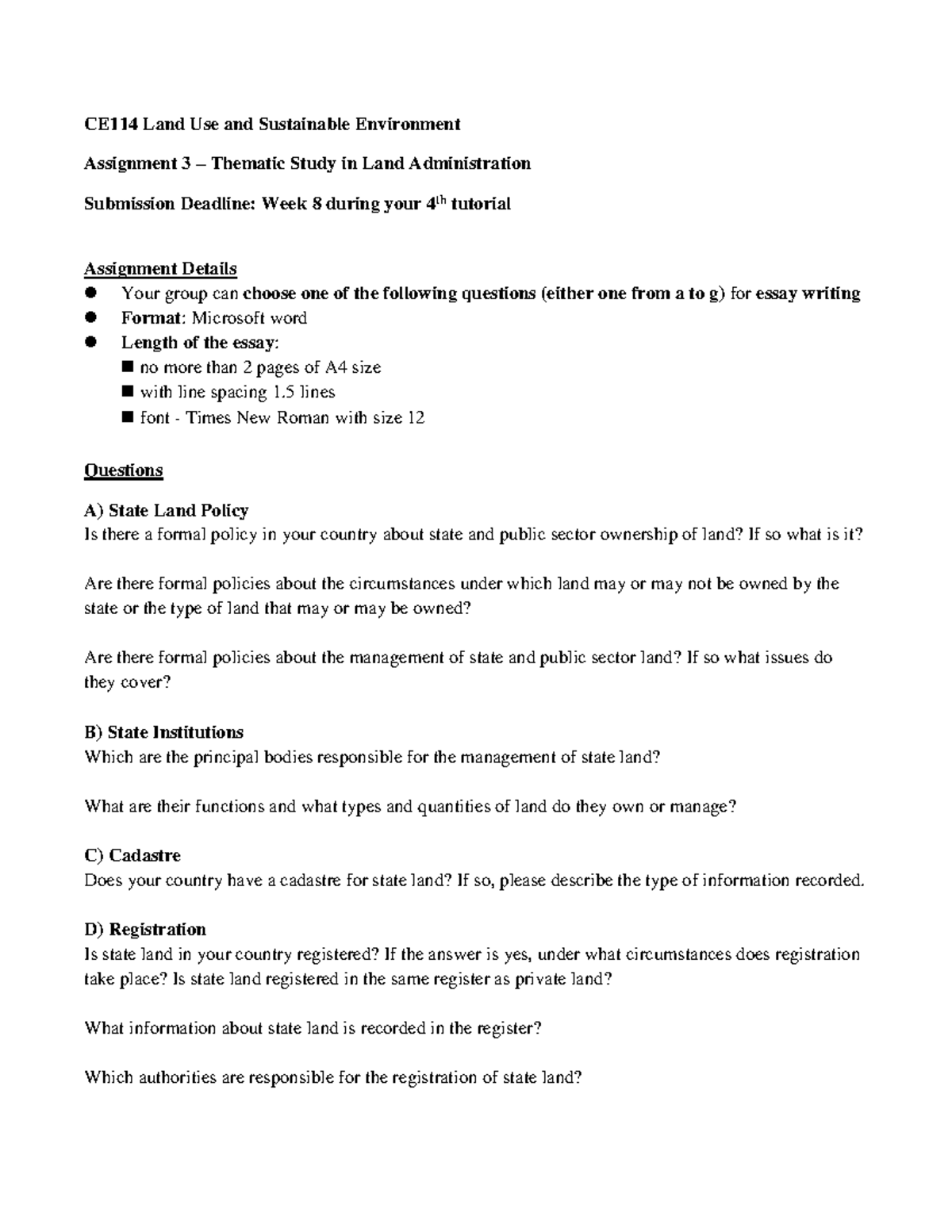 Assignment 3 - CE114 Land Use and Sustainable Environment Assignment 3 ...