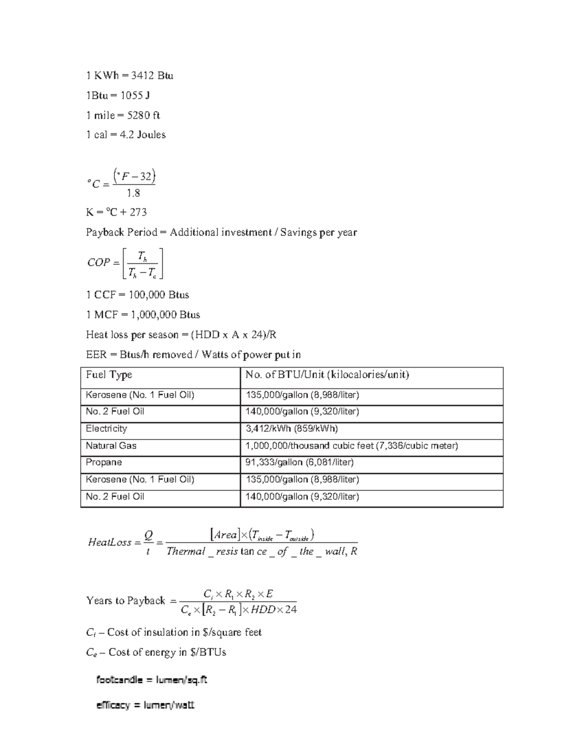 Exam3 Formula Sheet 1 KWh 3412 Btu 1Btu 1055 J 1 Mile 5280 Ft 1