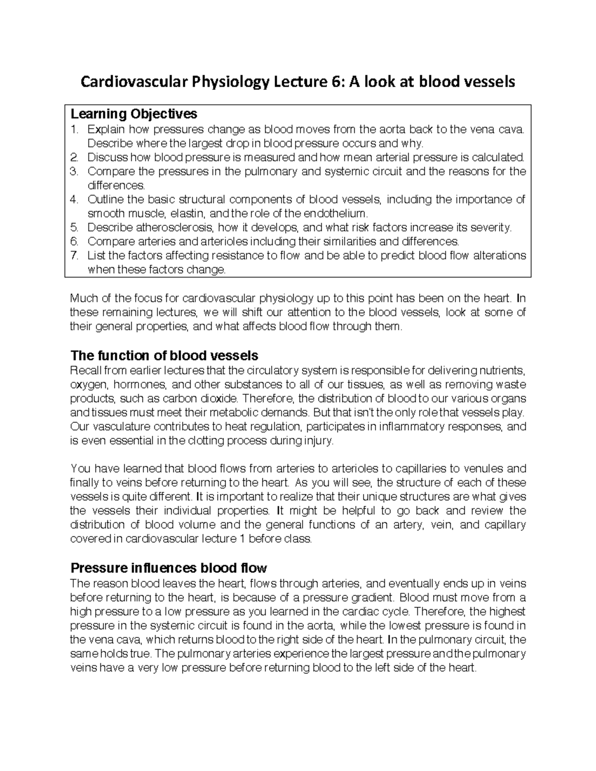 3120 CV Lec6 - Lecture 6 Notes - Cardiovascular Physiology Lecture 6: A ...