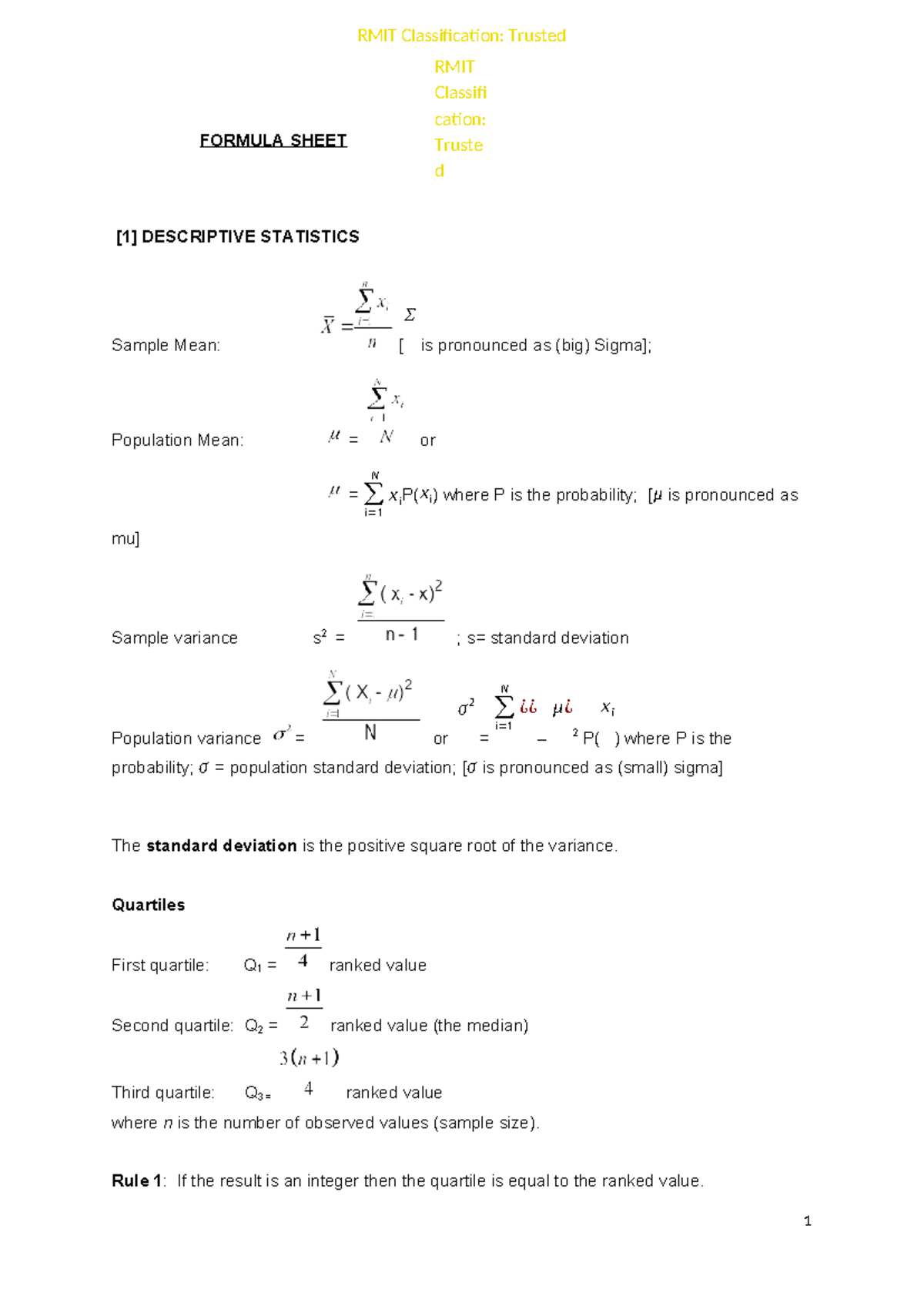 Latest Formula Sheet 3 Aug 2021-3 - RMIT Classifi cation: Truste d ...