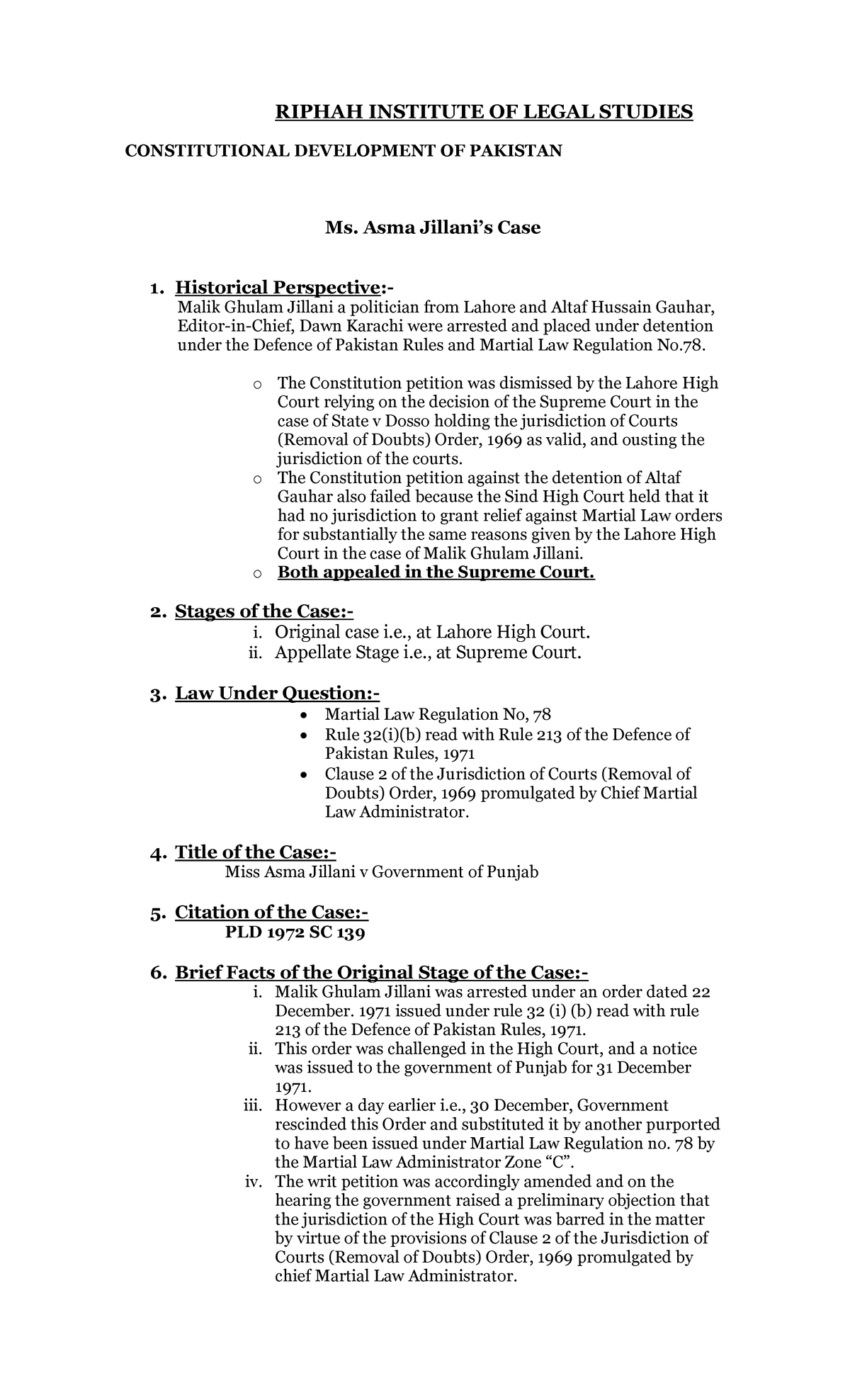 Asma Jillani's Case - RIPHAH INSTITUTE OF LEGAL STUDIES CONSTITUTIONAL DEVELOPMENT OF PAKISTAN ...