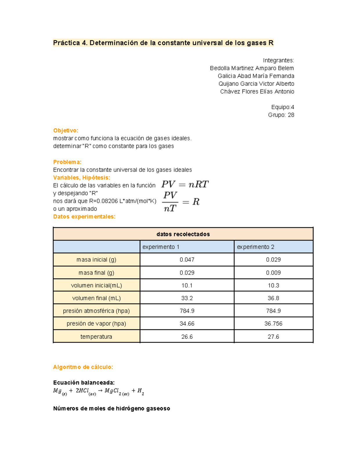 Practica 4. Constante de los gases R - Práctica 4. Determinación de la ...