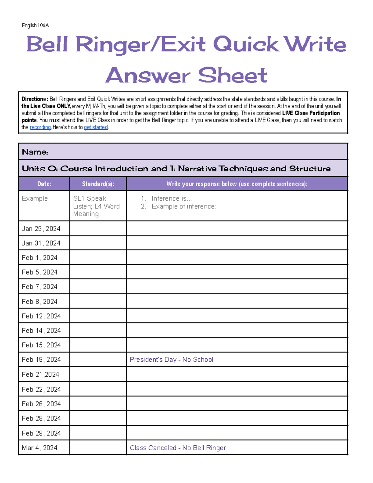 Copy of 108B Bell Ringer Student Answer doc Unit 1 - English 108A Bell ...