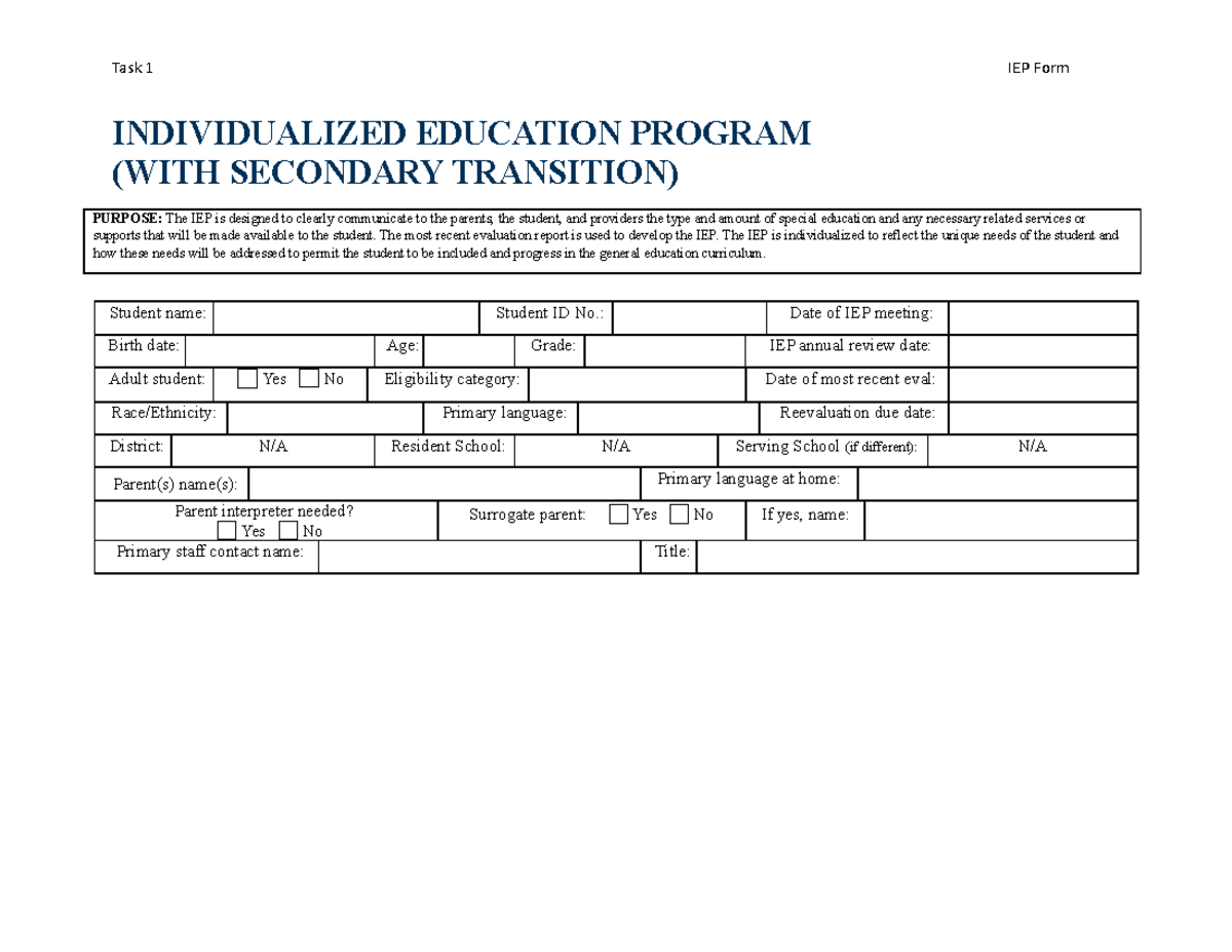IEP Form - form to complete your IEP - INDIVIDUALIZED EDUCATION PROGRAM ...