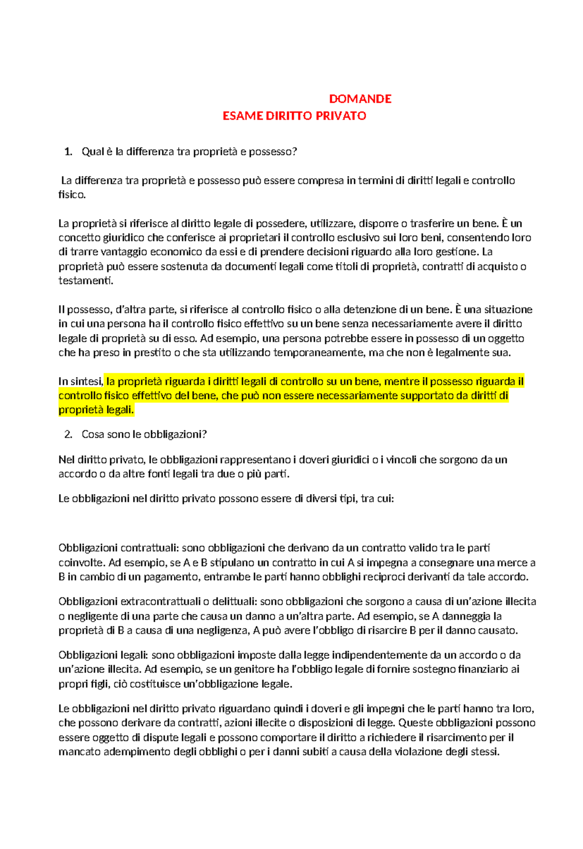 Domande Esame Diritto Privato - DOMANDE ESAME DIRITTO PRIVATO Qual è la differenza tra proprietà ...