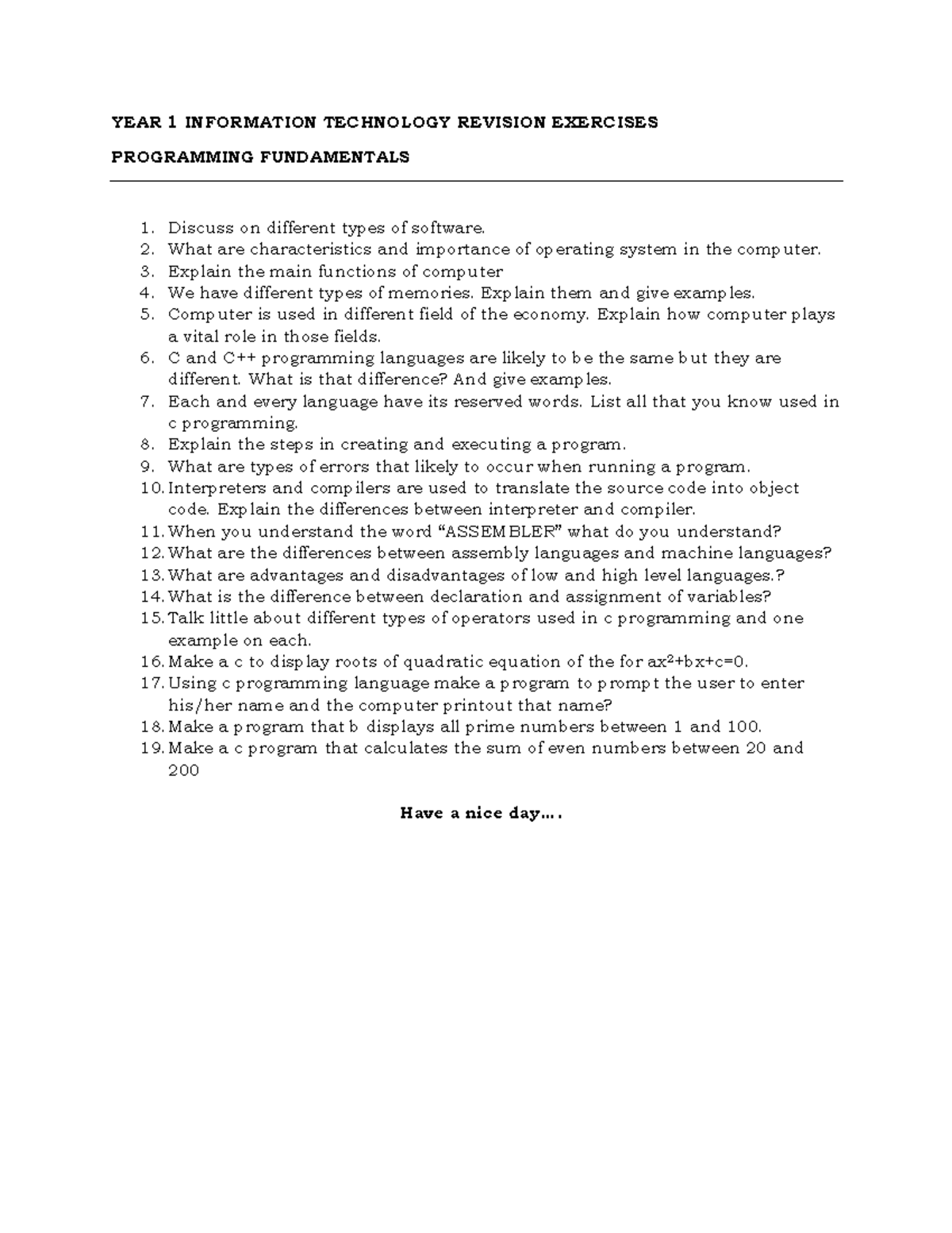 YEAR 1 Information Technology programming fundemental Exercises - YEAR ...