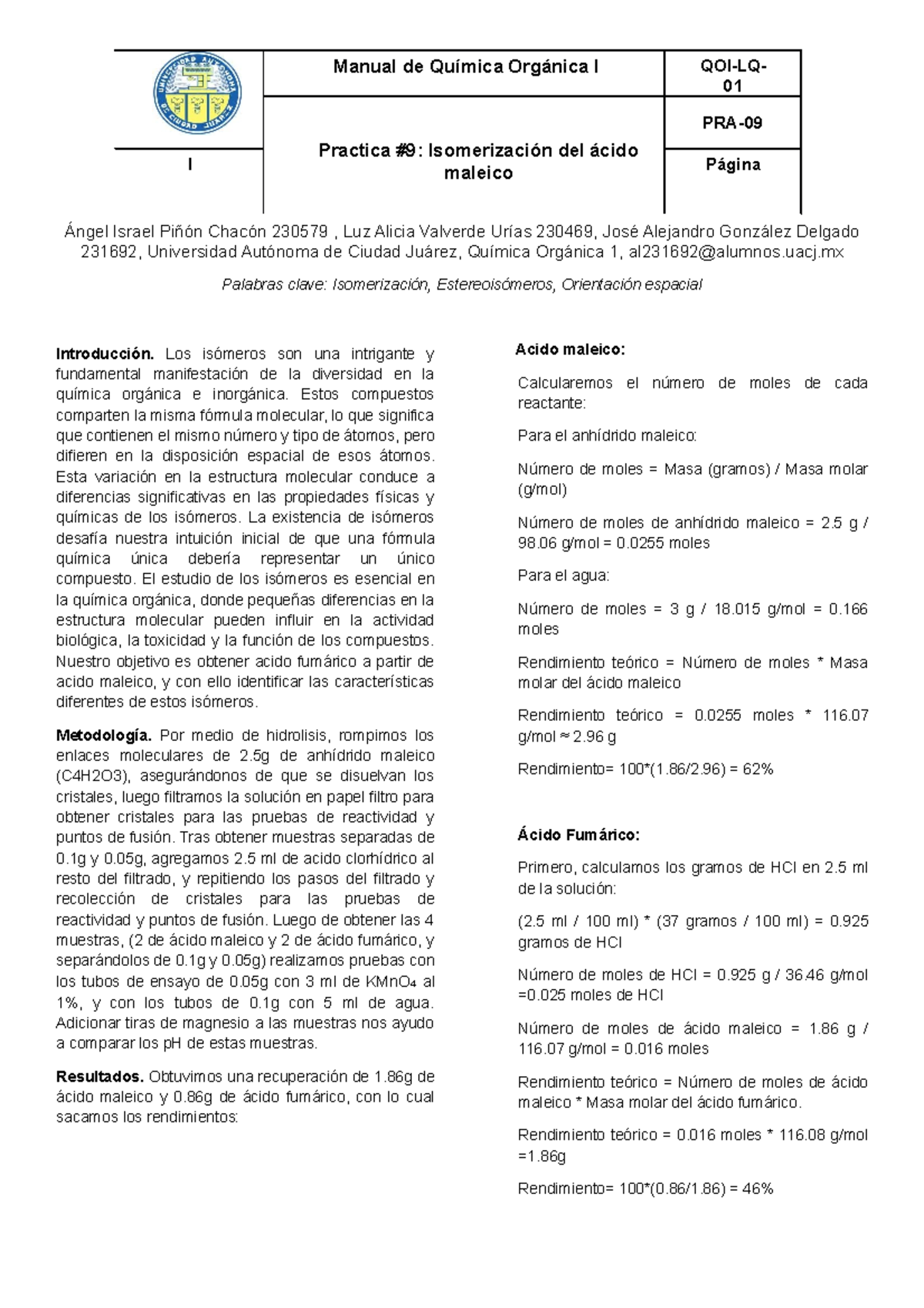 Reporte practica 9 - acido maleico - Ángel Israel Piñón Chacón 230579 ...