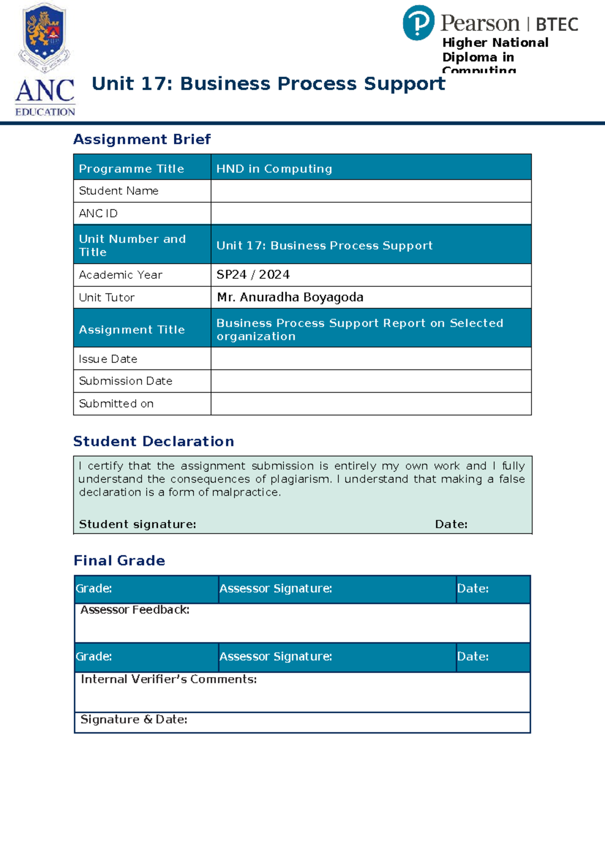 Unit 17 Business Process Support - Higher National Diploma in Computing ...