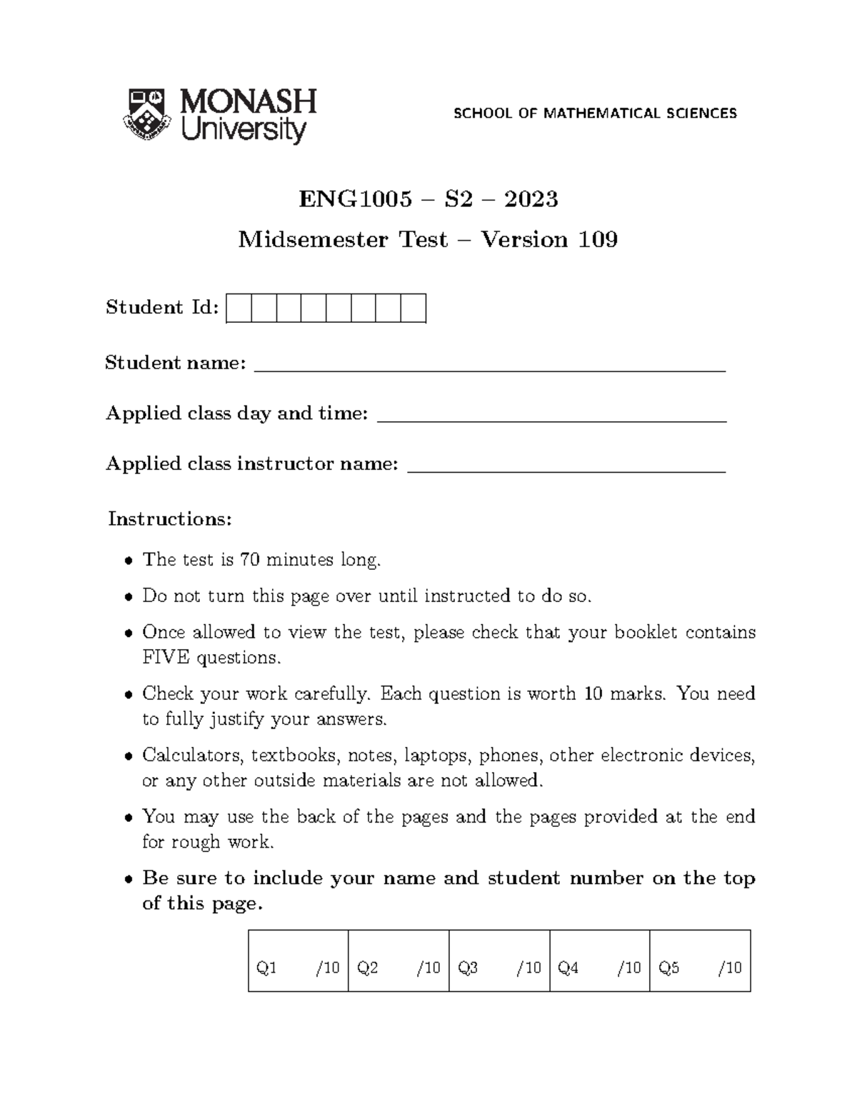 Exams 109-midsem - SCHOOL OF MATHEMATICAL SCIENCES ENG1005 – S2 – 2023 ...