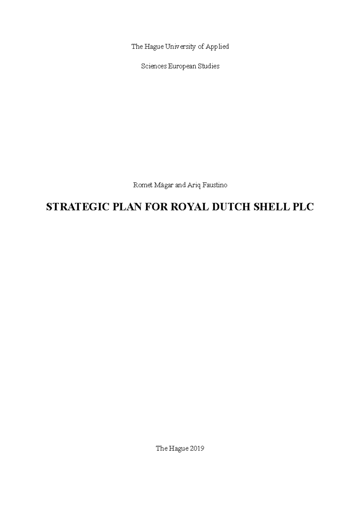 Strategic PLAN FOR Royal Dutch Shell PLC - The Hague University of ...