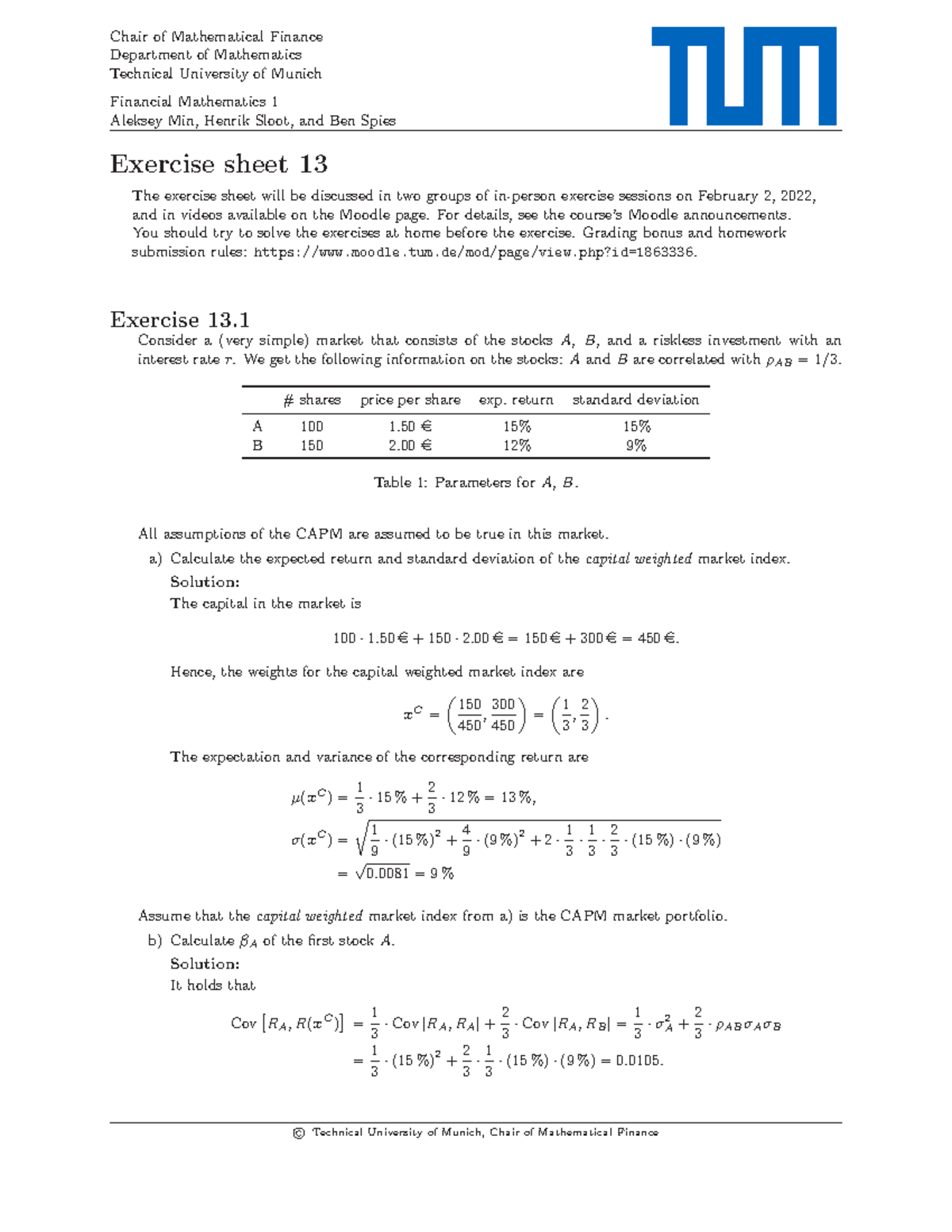 Fi Ma1 Exercise Sheet 13 Solution - Chair of Mathematical Finance ...