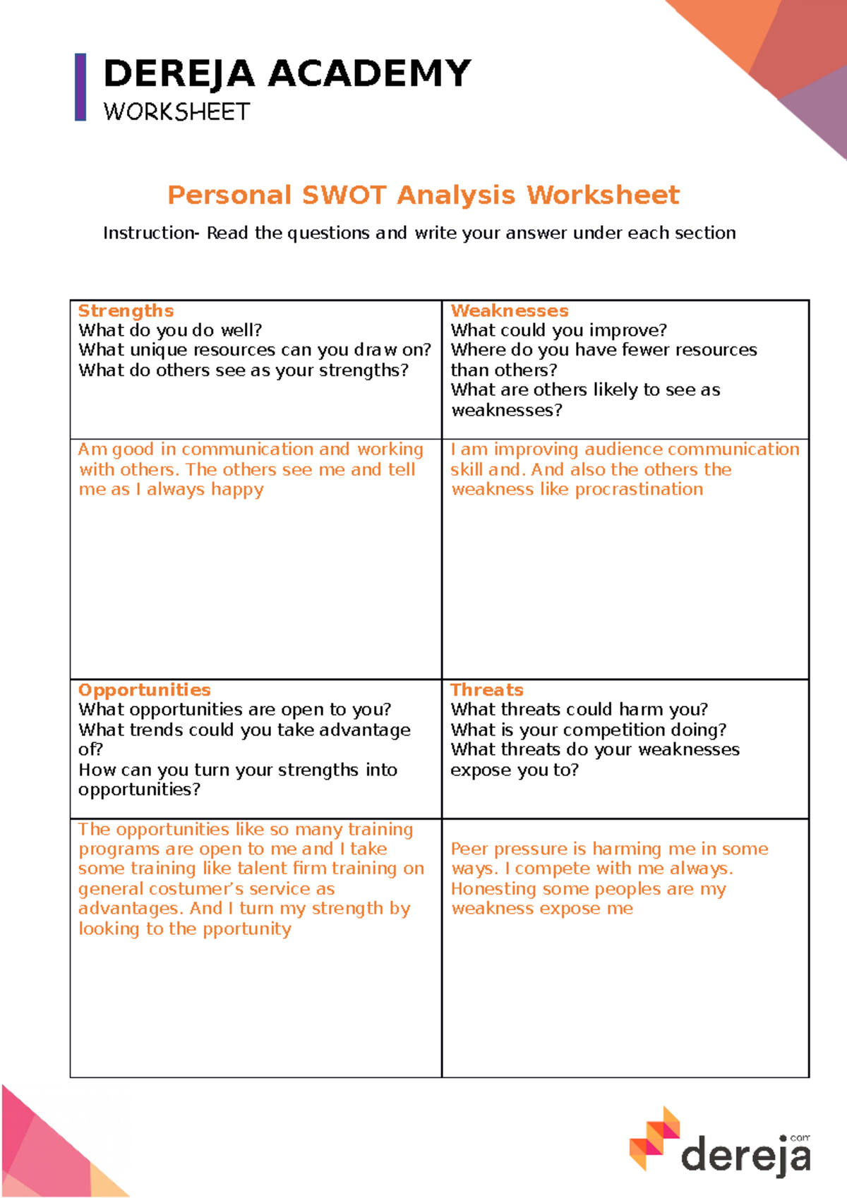 1590958171 Activity 1- DA swot analysis - DEREJA ACADEMY WORKSHEET ...