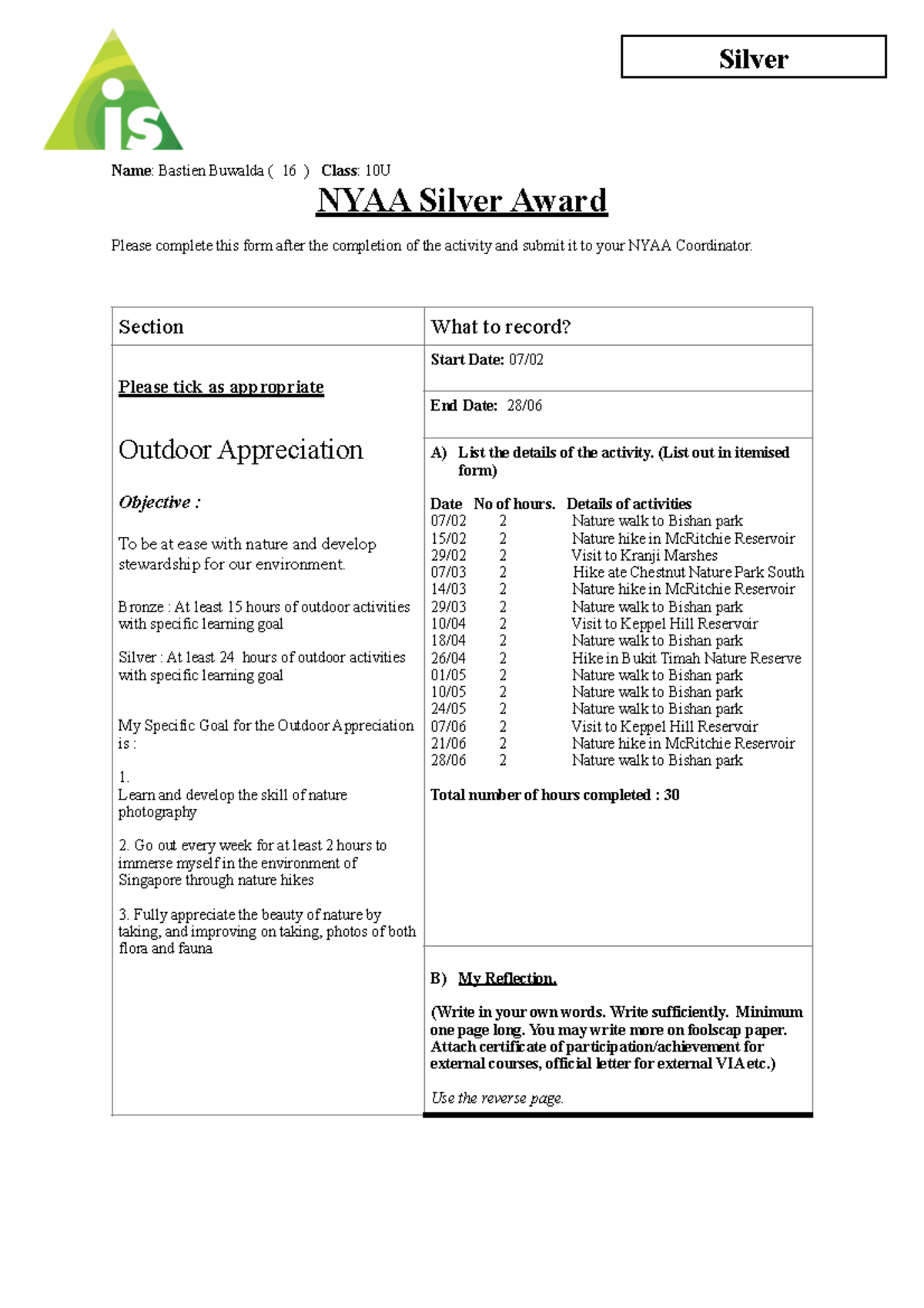 NYAA Silver Award Booklet (Outdoor Appreciation) - Silver Name: Bastien ...