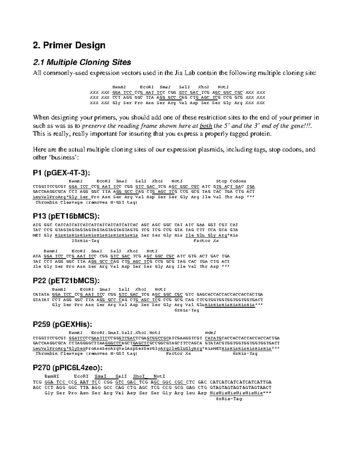 Cloning - Doc - 2. Primer Design 2 Multiple Cloning Sites All commonly ...