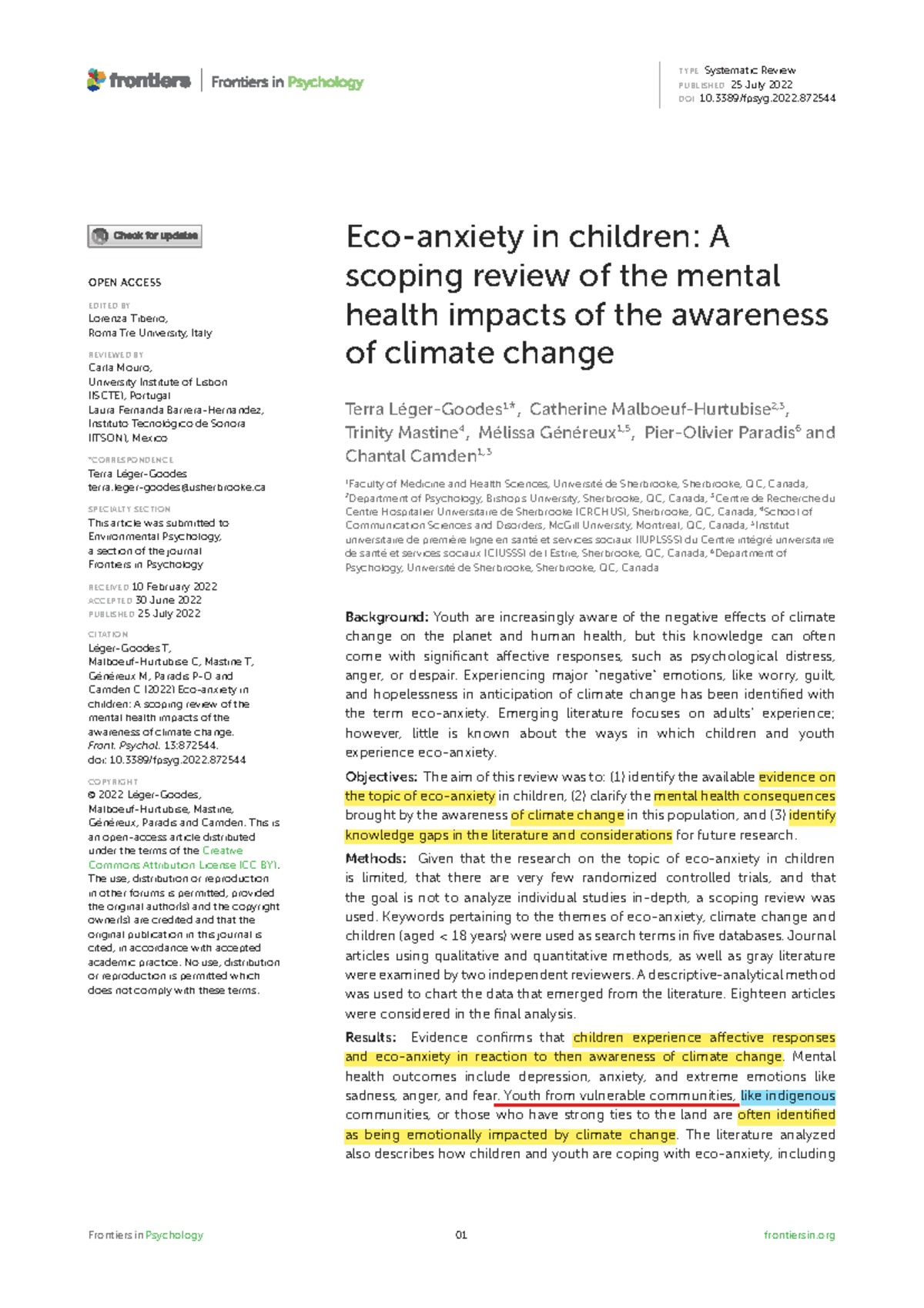 Eco-anxiety in children A scoping review of the mental health impacts ...