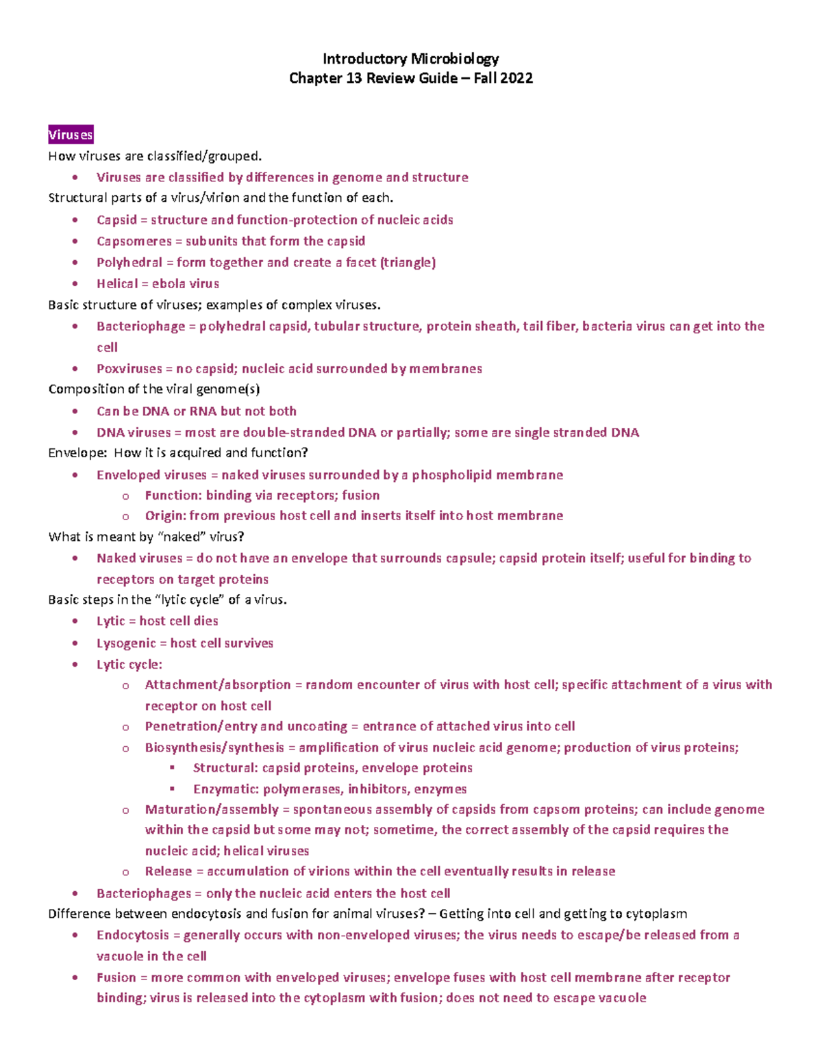 Intro Micro F2022 Chap13 Review Guide - Introductory Microbiology Chapter 13 Review Guide – Fall ...