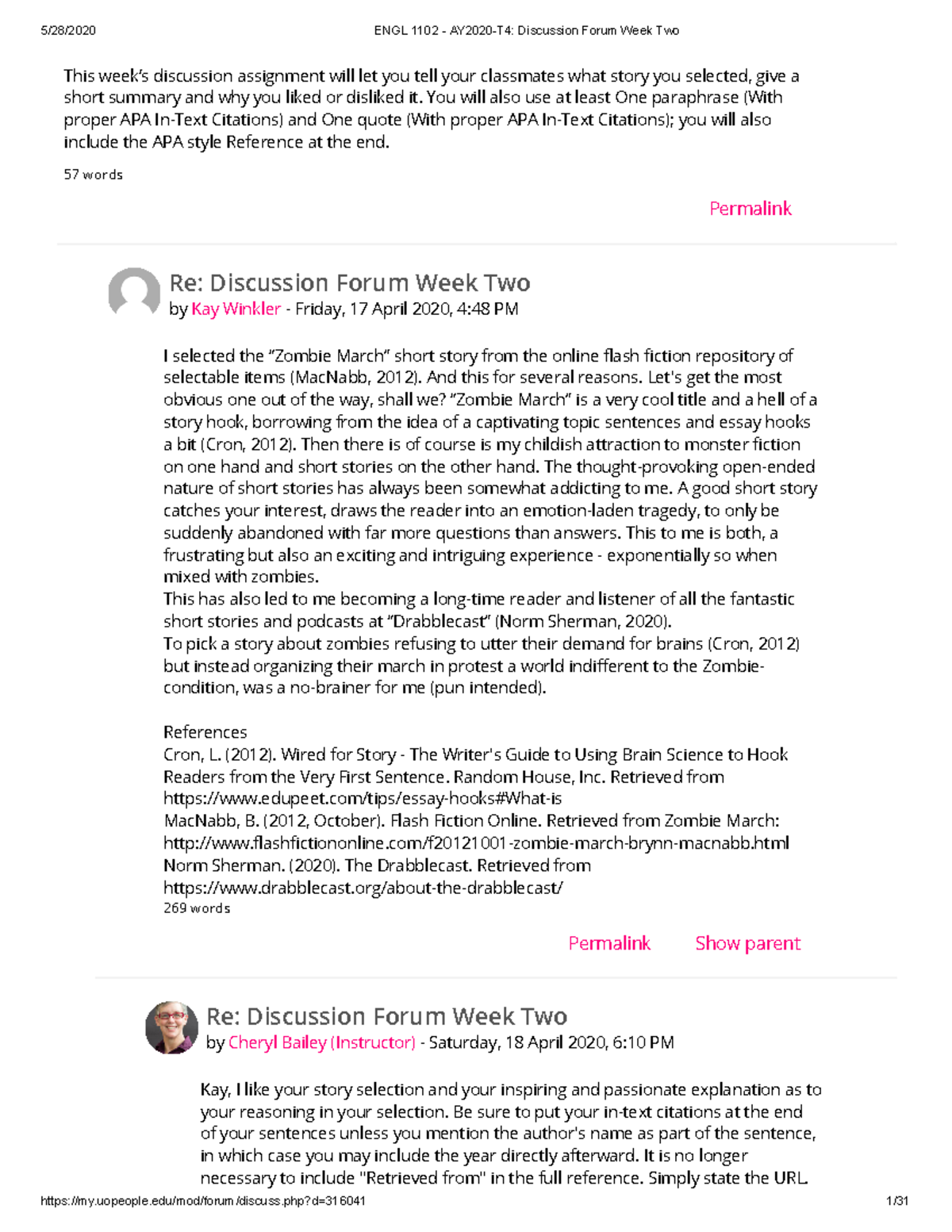 ENGL 1102 - AY2020-T4 Discussion Forum Week Two - This week’s ...