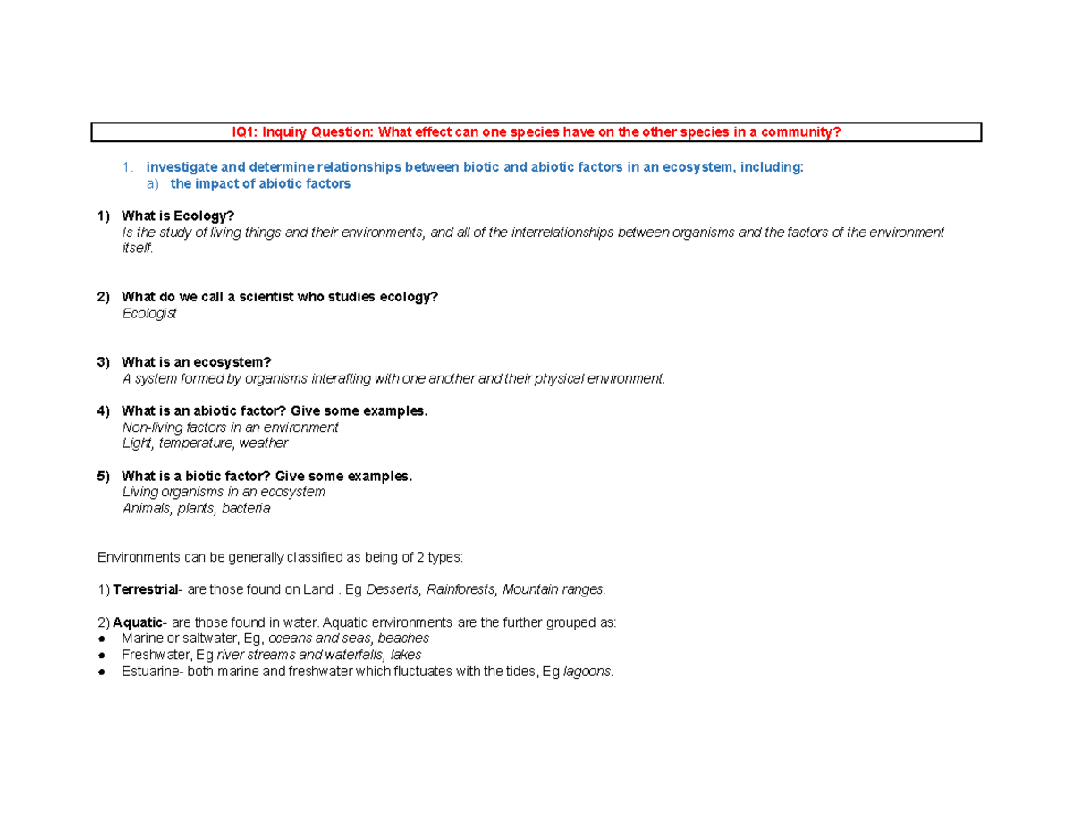 What is ecology - bio - IQ1: Inquiry Question: What effect can one ...