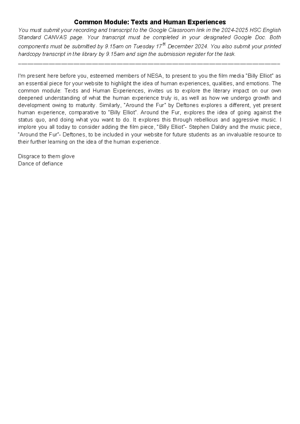 Kaden Stuart - Assessment ONE Common Module Texts and Human Experiences ...