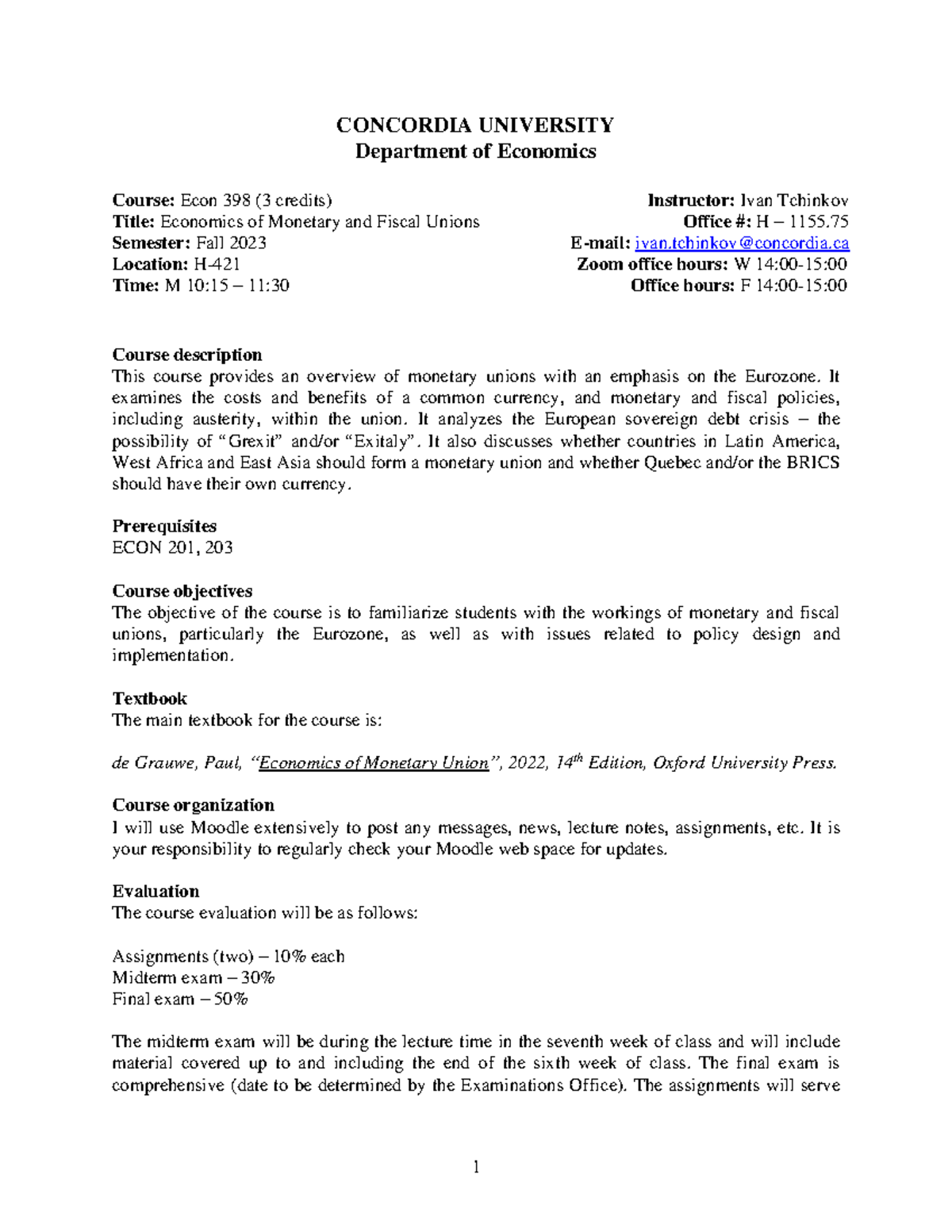 Course Outline 398 - 1 CONCORDIA UNIVERSITY Department of Economics ...