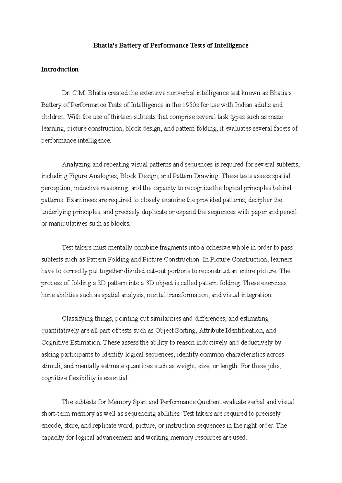 Bhatia's Report - Bhatia's Battery of Performance Tests of Intelligence ...