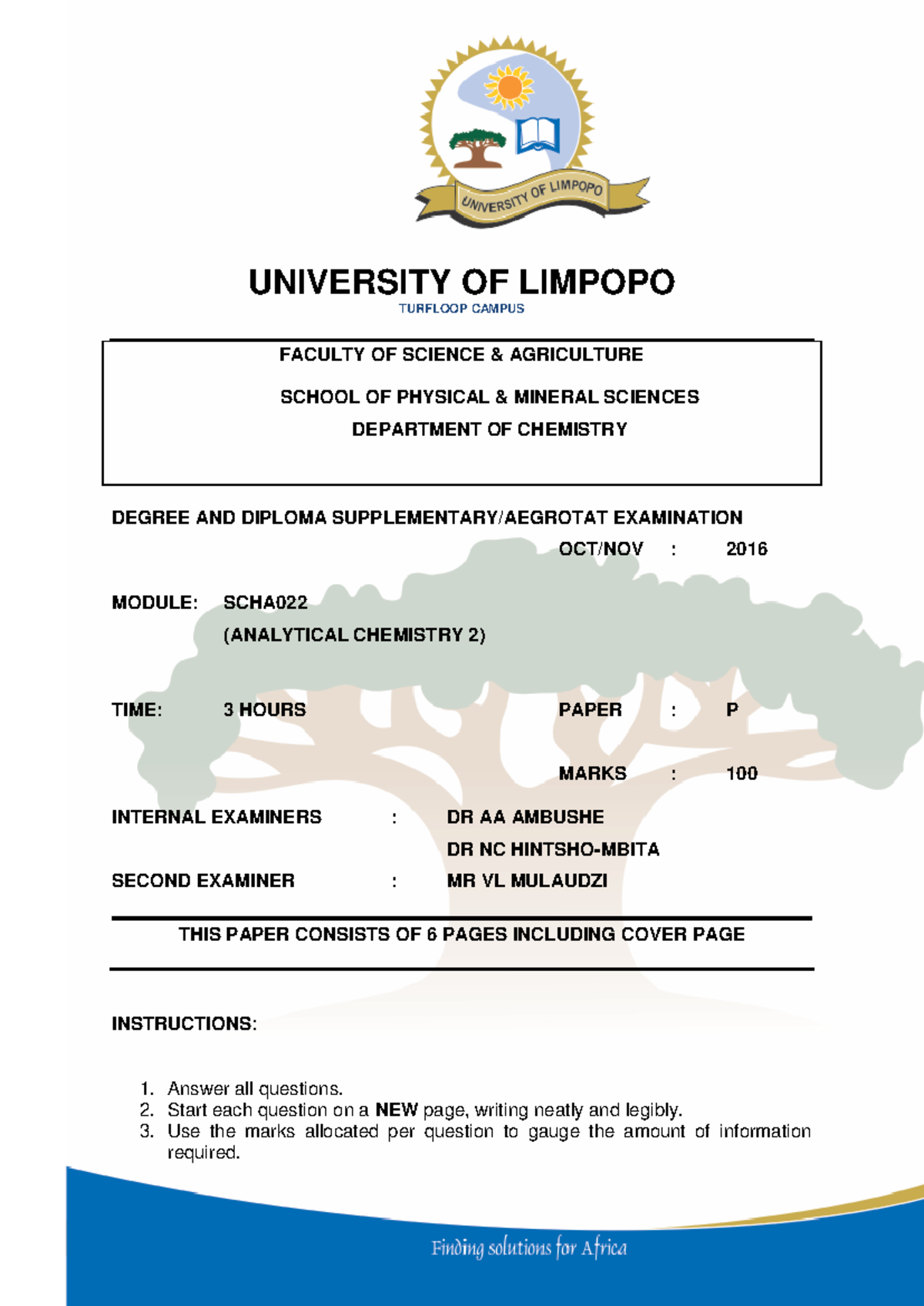 SCHA022 END OF YEAR Supplementary 2016 Examination - UNIVERSITY OF ...