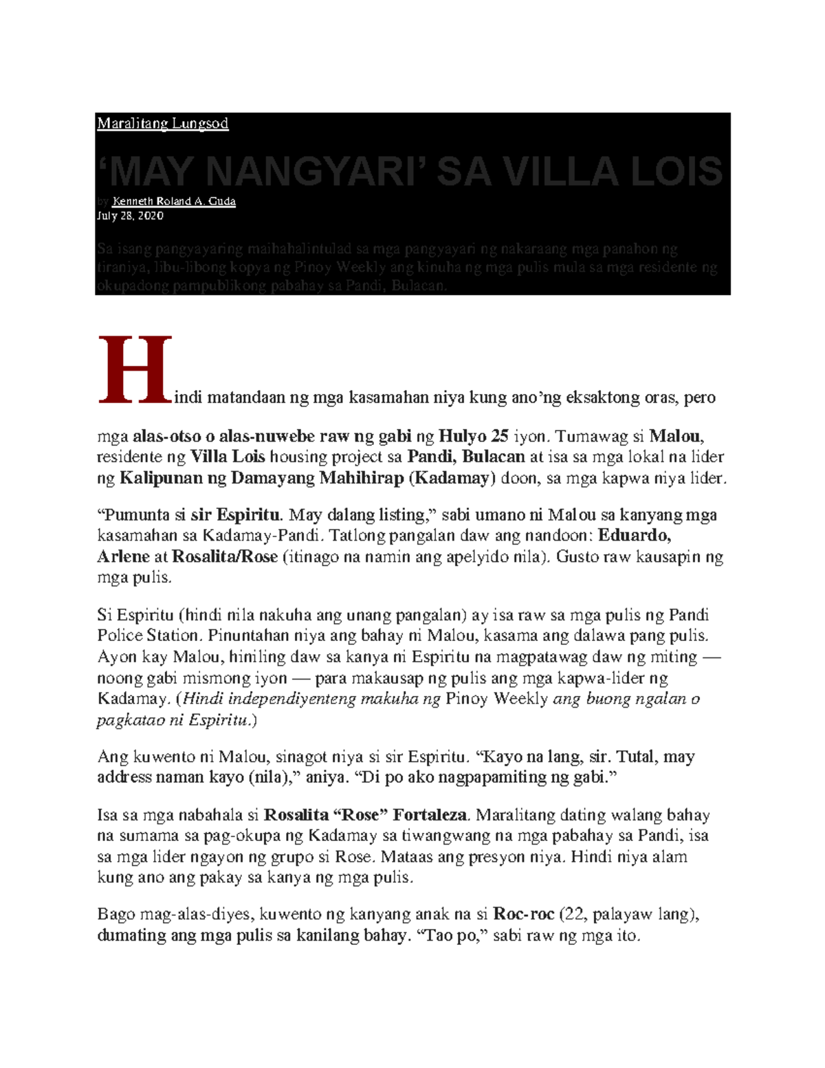 May Nangyari sa Villa Lois - Maralitang Lungsod ‘MAY NANGYARI’ SA VILLA LOIS by Kenneth Roland A ...
