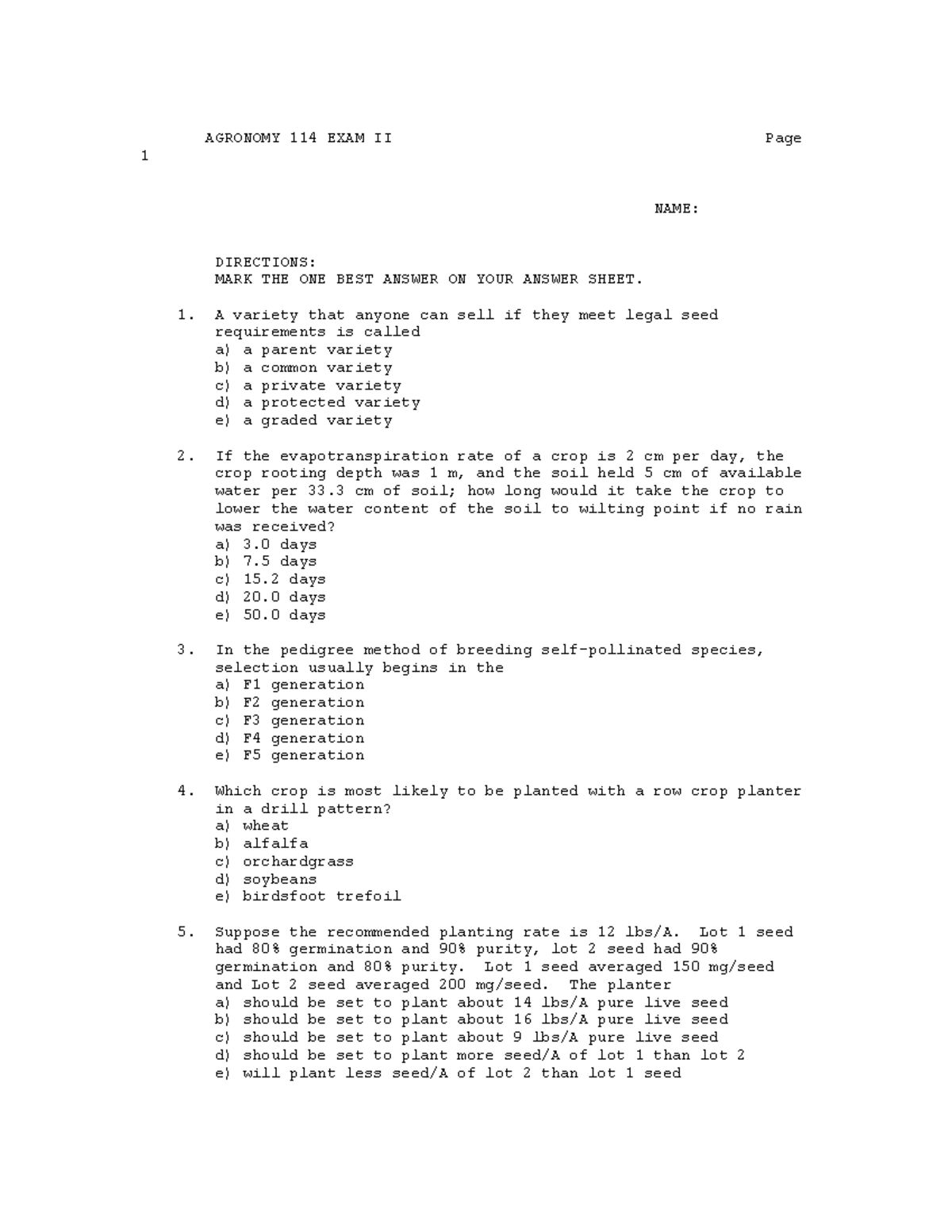 CROP SCI POST TEST II - LEA - AGRONOMY 114 EXAM II Page 1 NAME ...