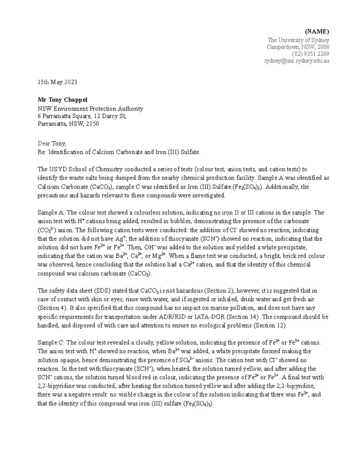 CHEM1111 Post Lab E2 Letter - (NAME) The University of Sydney ...