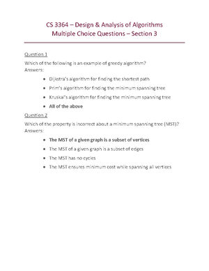 CS 3364 Multiple Choice HW Section 1 - CS 3364 3 Design & Analysis of Algorithms Multiple Choice ...