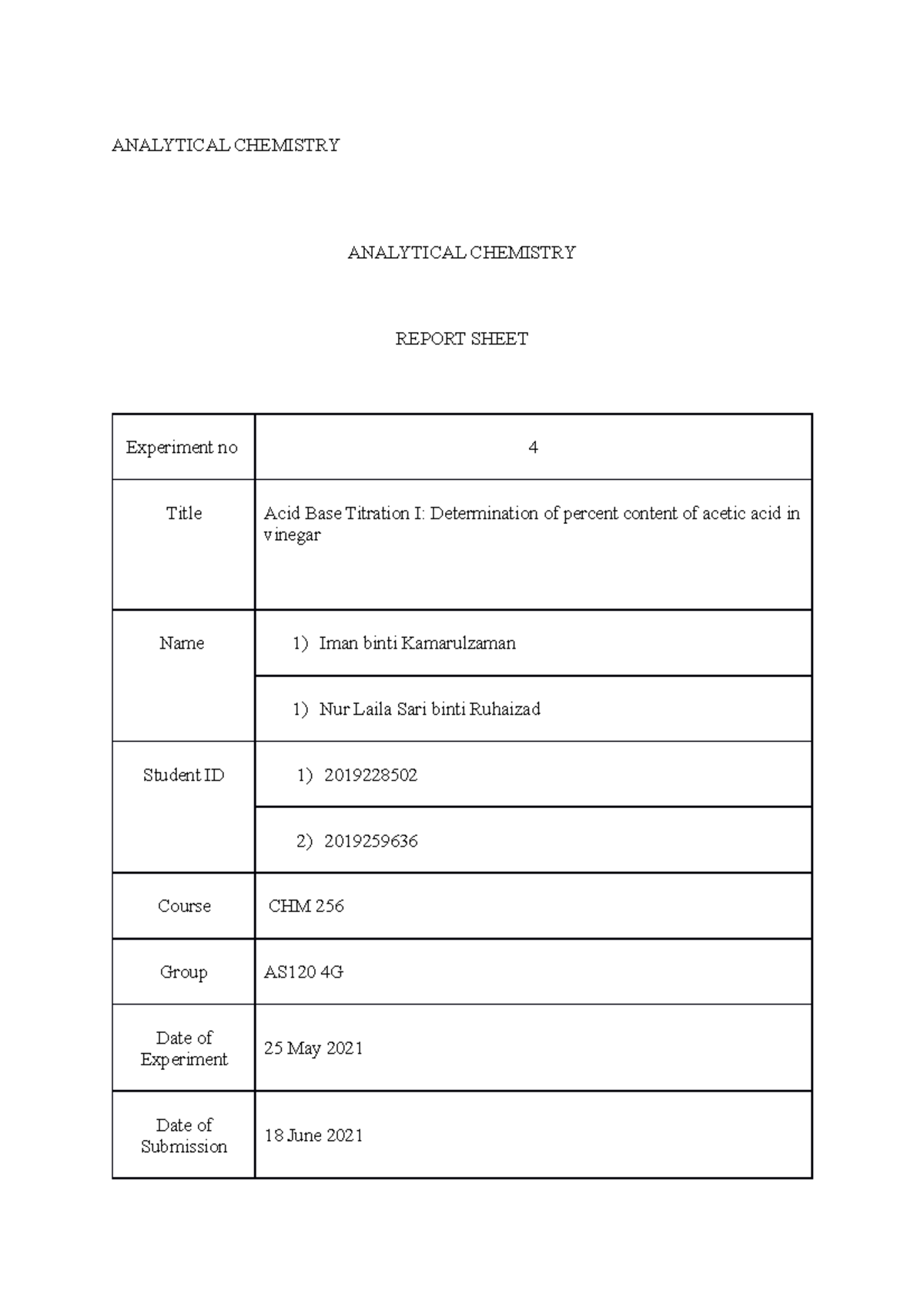 Analytical Chemistry exp 2 (lab manual 4) - ANALYTICAL CHEMISTRY ...
