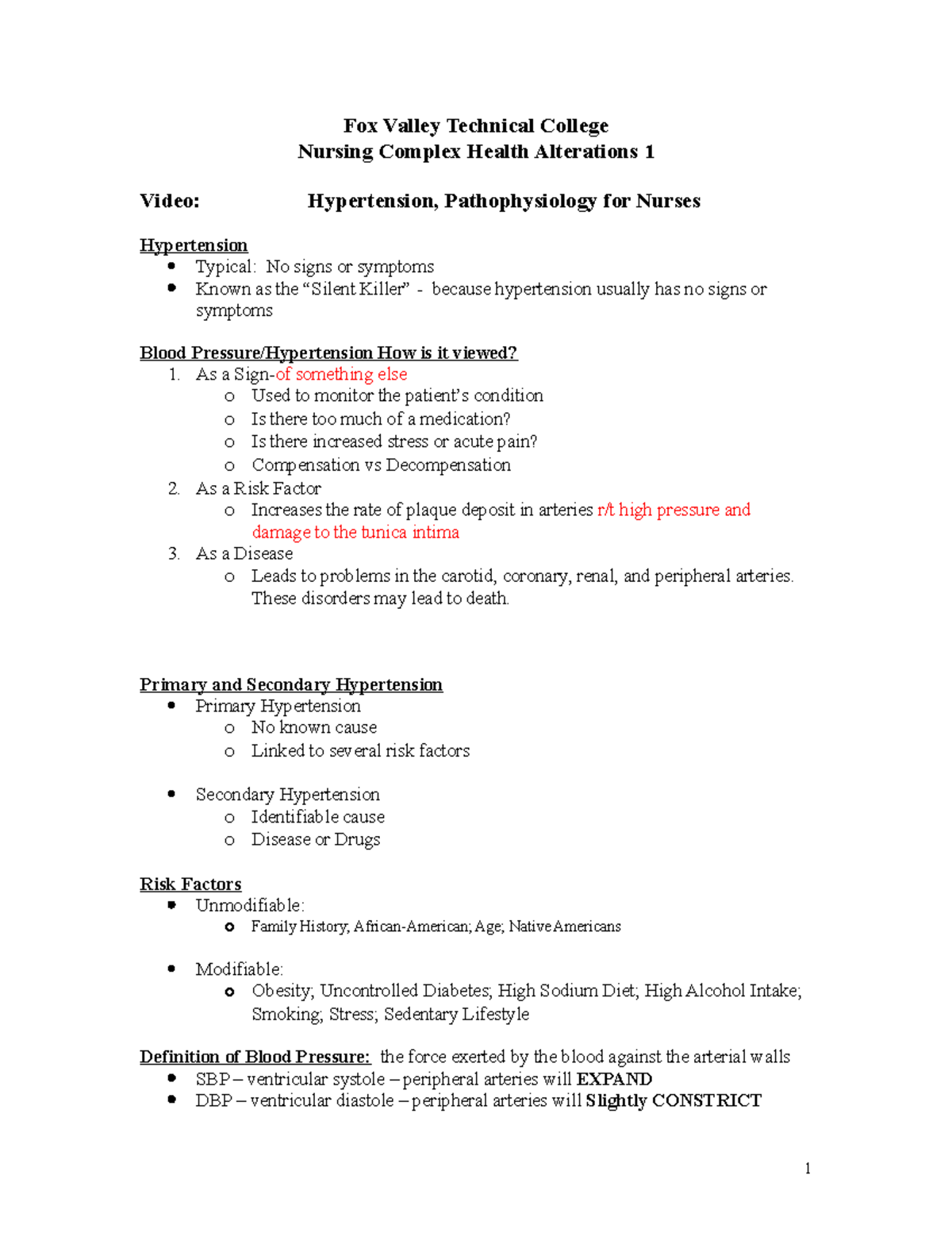 Hypertension outline 2 - Fox Valley Technical College Nursing Complex ...