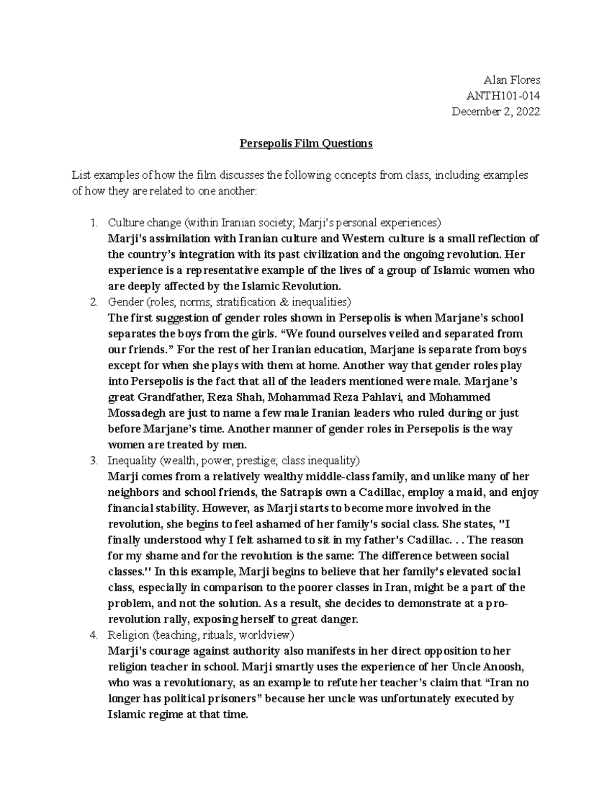 Film Qs 4 Persepolis - Film Question Assignment - Alan Flores ANTH101 ...