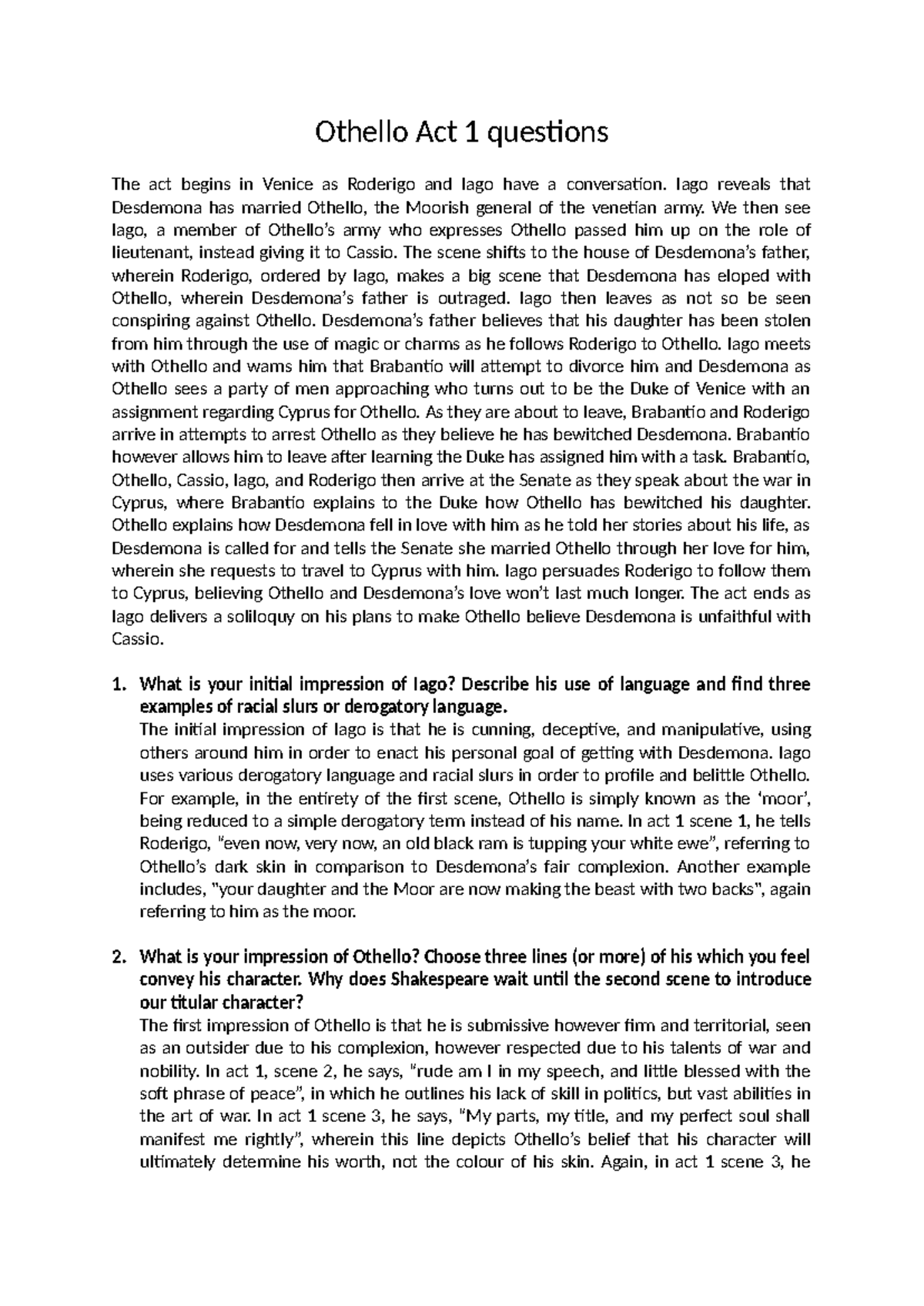 Othello Act 1 questions - Othello Act 1 questions The act begins in ...