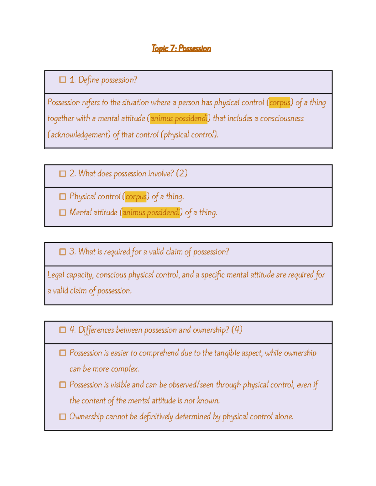 Property Law 7 Final Document - Topic 7: Possession Define possession? Possession refers to the ...